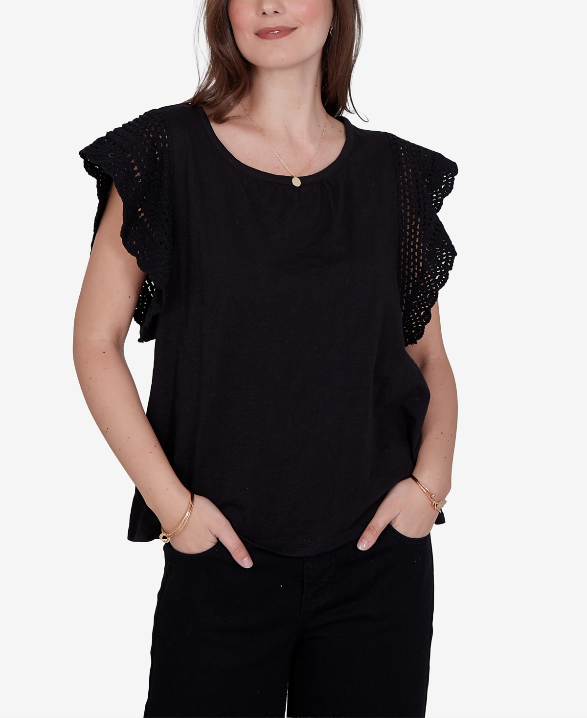 Click here for Ruby Rd. Petite Crochet Sleeve Solid Cotton Blouse... prices