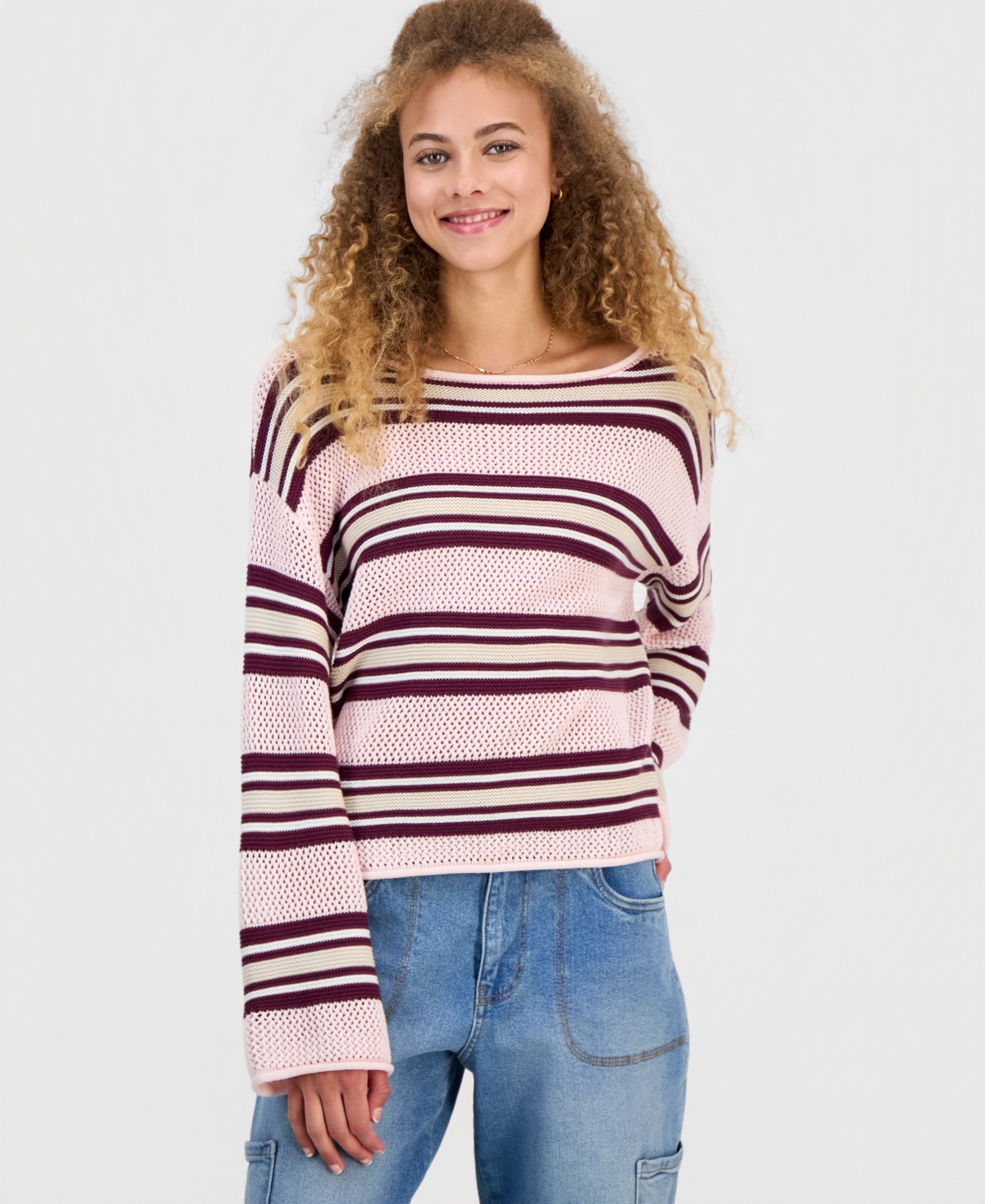 Click here for Hooked Up by Iot Juniors Striped Open-Knit Bell-Sl... prices