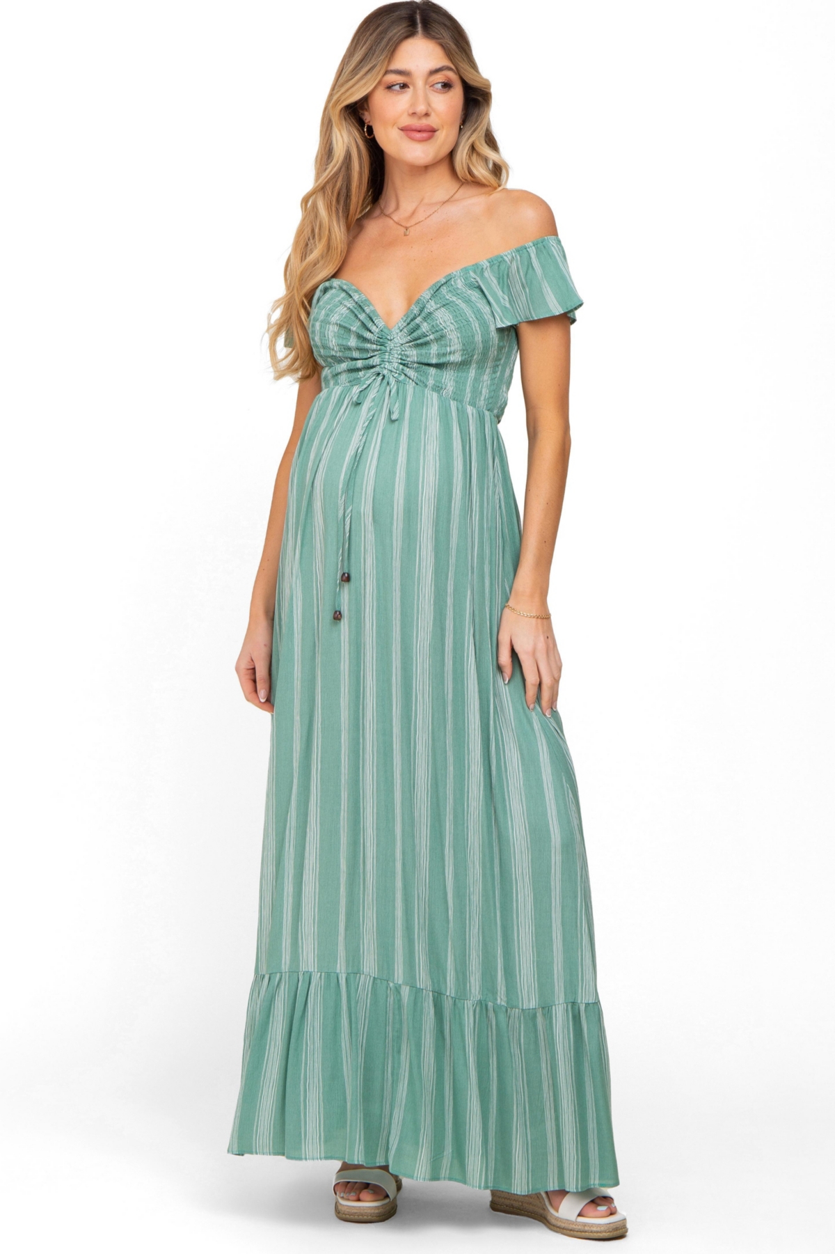 Click here for Pinkblush Maternity Green Striped Off Shoulder Fro... prices