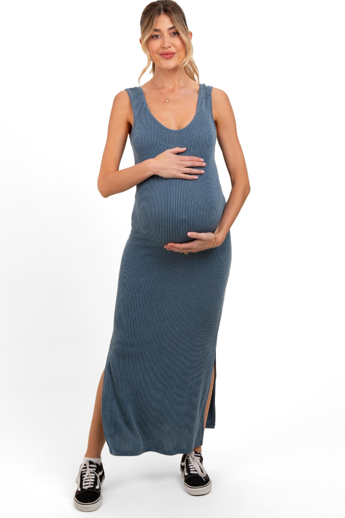 Click here for Pinkblush Maternity Blue Ribbed Side Slit Maxi Dre... prices
