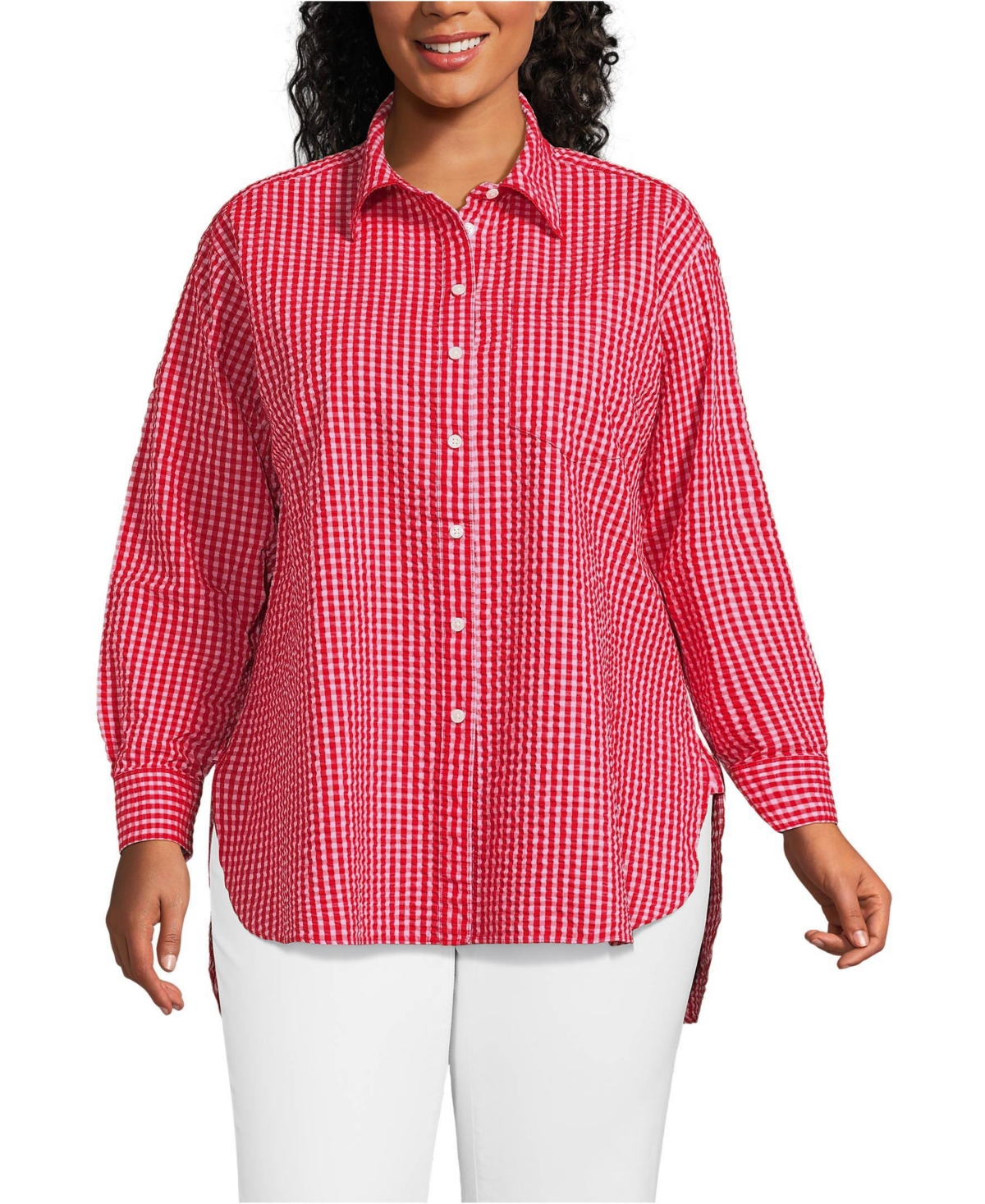 Click here for Lands End Plus Size Oversized Seersucker Shirt - C... prices