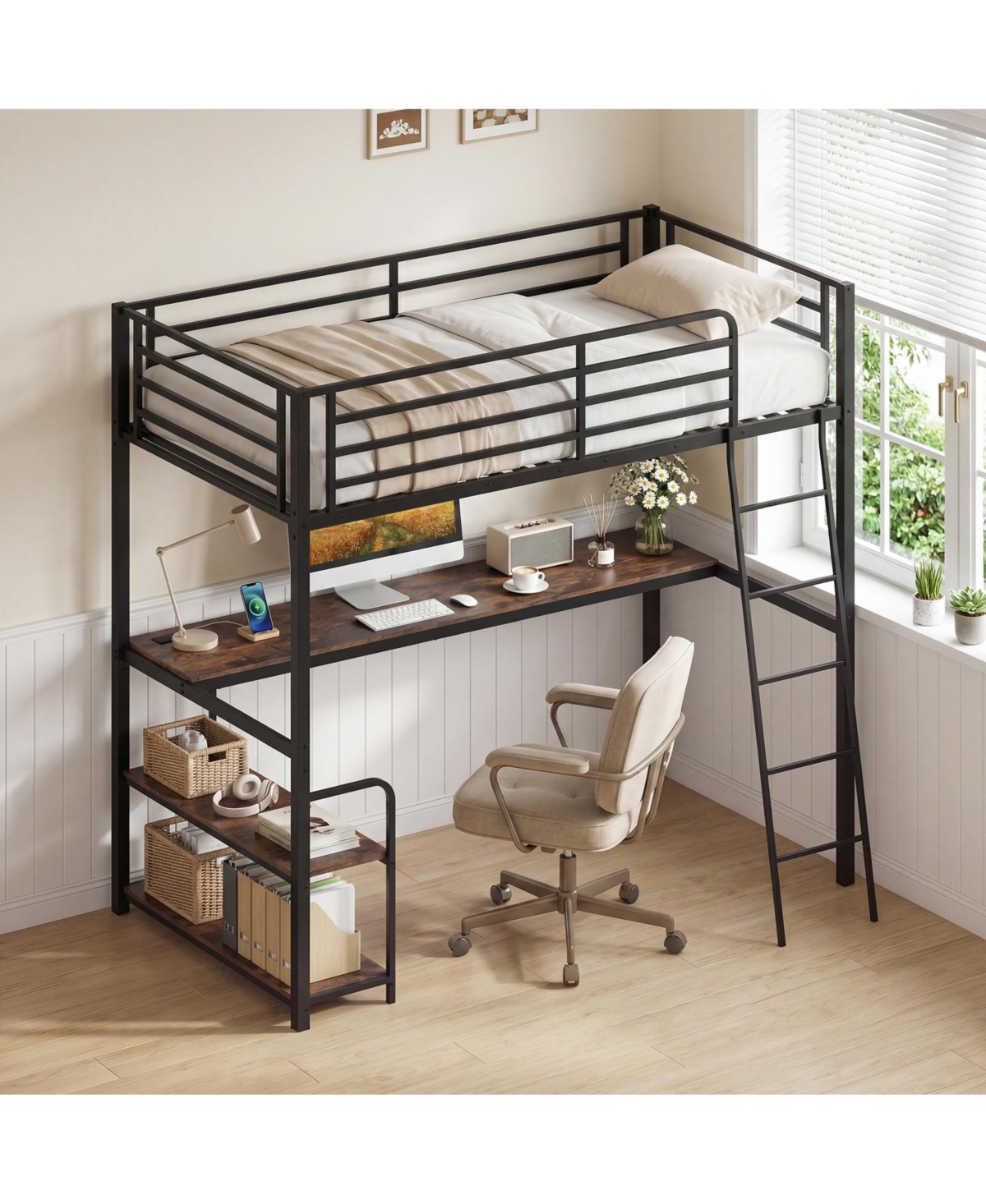 Click here for Costway Loft Bed with Desk and Shelves  Heavy Duty... prices