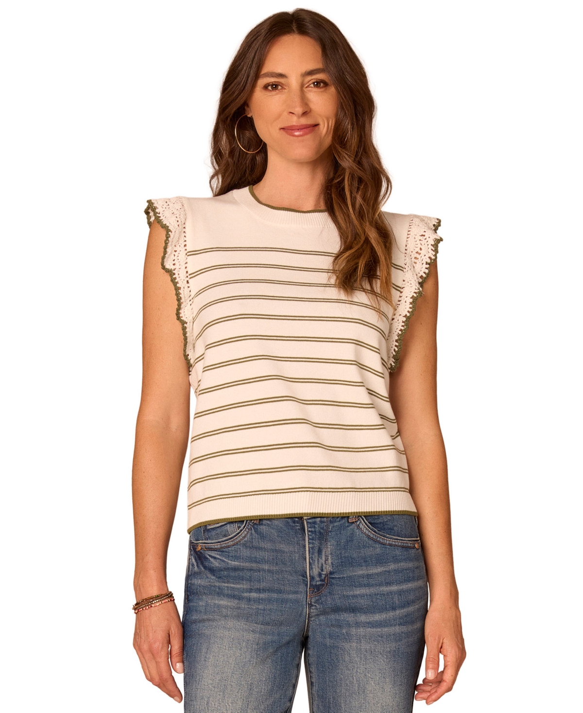 Click here for Democracy Womens Striped Crochet Flutter-Sleeve Sw... prices