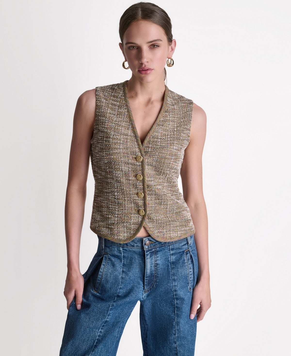 Click here for Bcbg Womens V-Neck Button-Front Vest - Praline Mul... prices