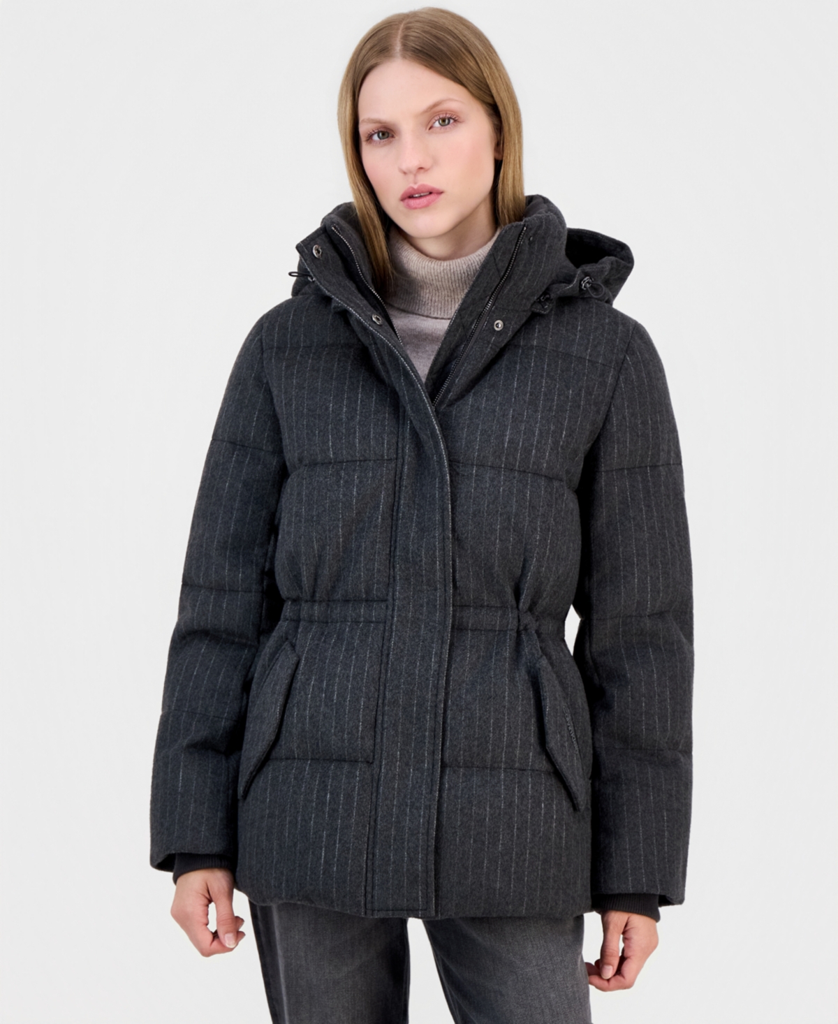 Click here for Calvin Klein Womens Pinstripe Quilted Hooded Puffe... prices