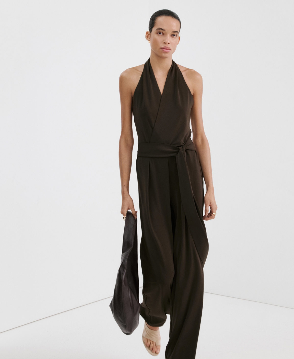 Click here for Mango Womens Bow Wrap Jumpsuit - Brown prices