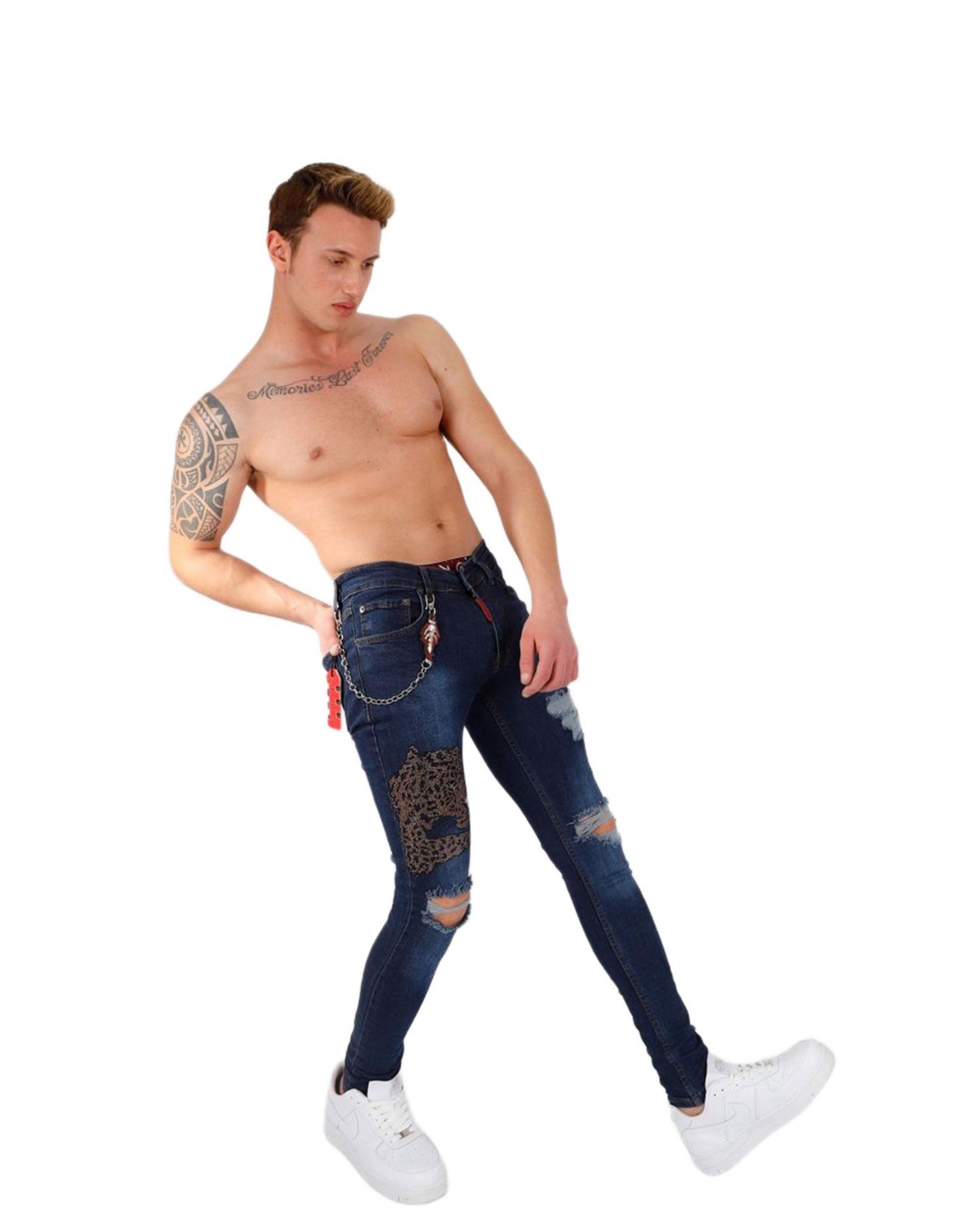 Click here for Elie Balleh Mens leopard patch skinny distressed j... prices