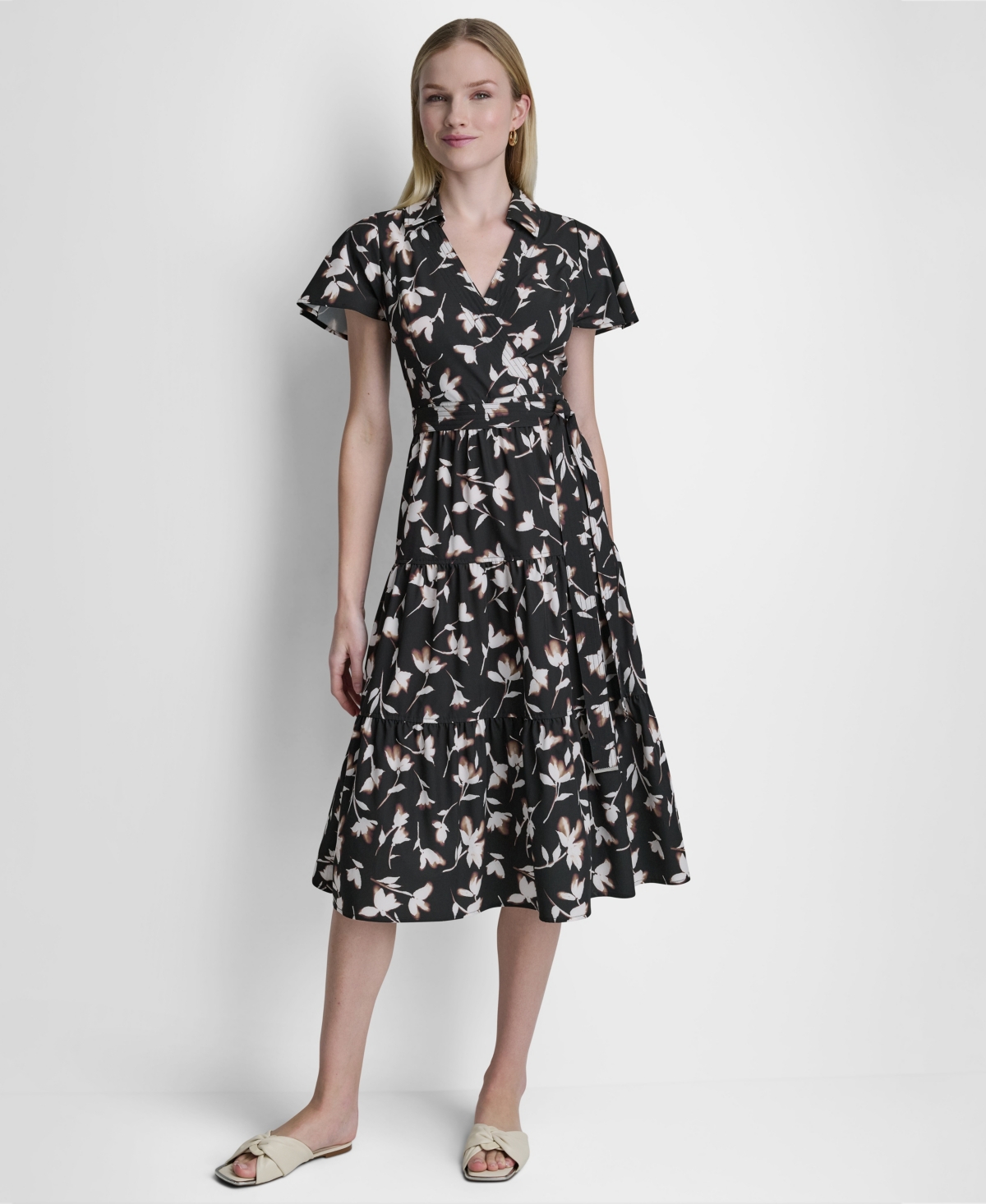 Click here for Dkny Womens Flutter-Sleeve Tiered Printed Midi Dre... prices
