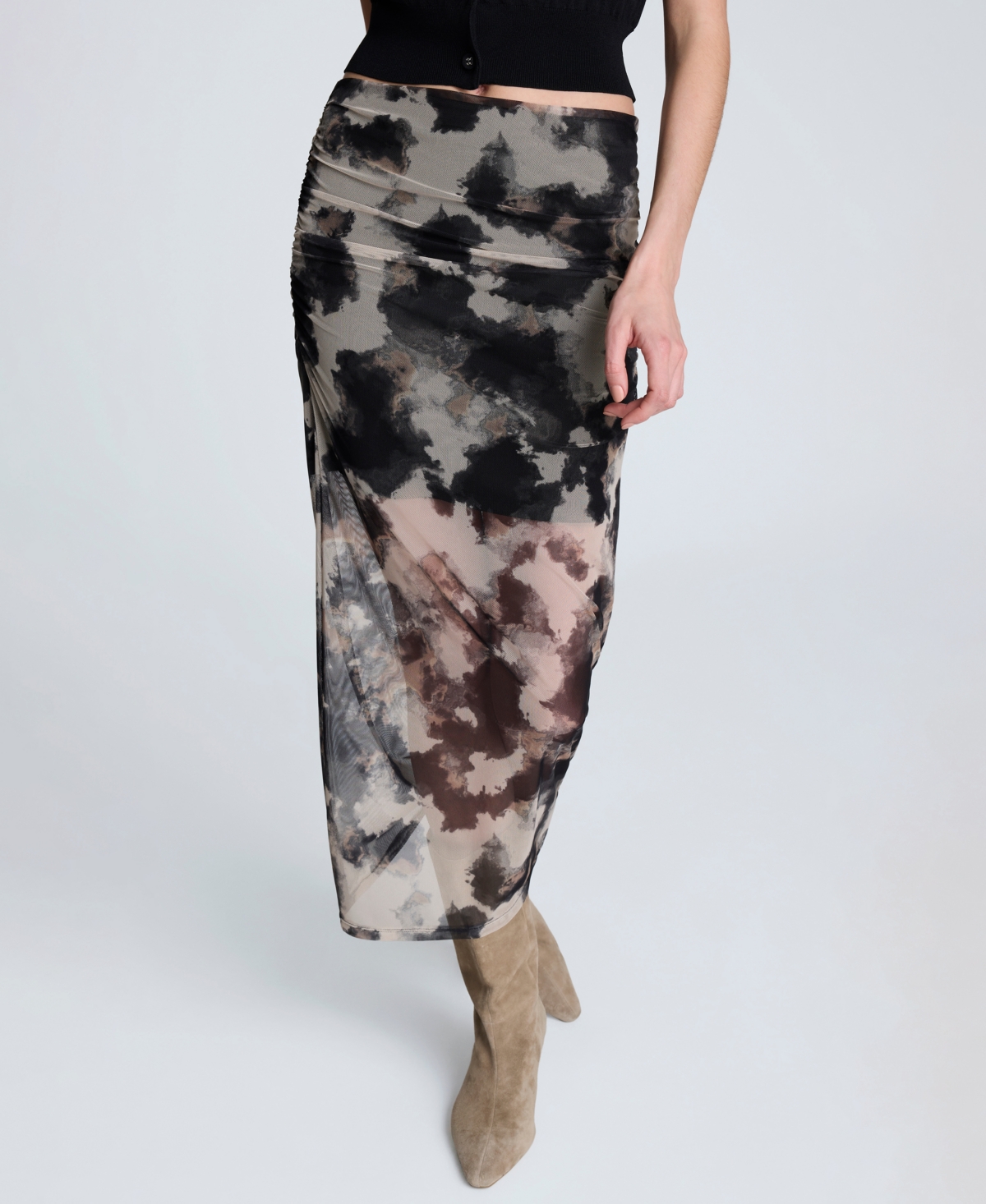 Click here for Kenneth Cole Womens Side Ruched Printed Mesh Midi... prices