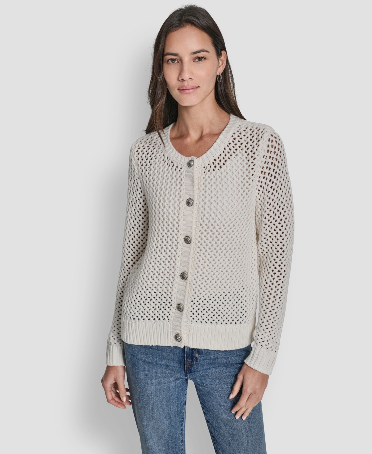 Click here for Dkny Jeans Womens Open-Knit Cardigan - Ivory/Silve... prices