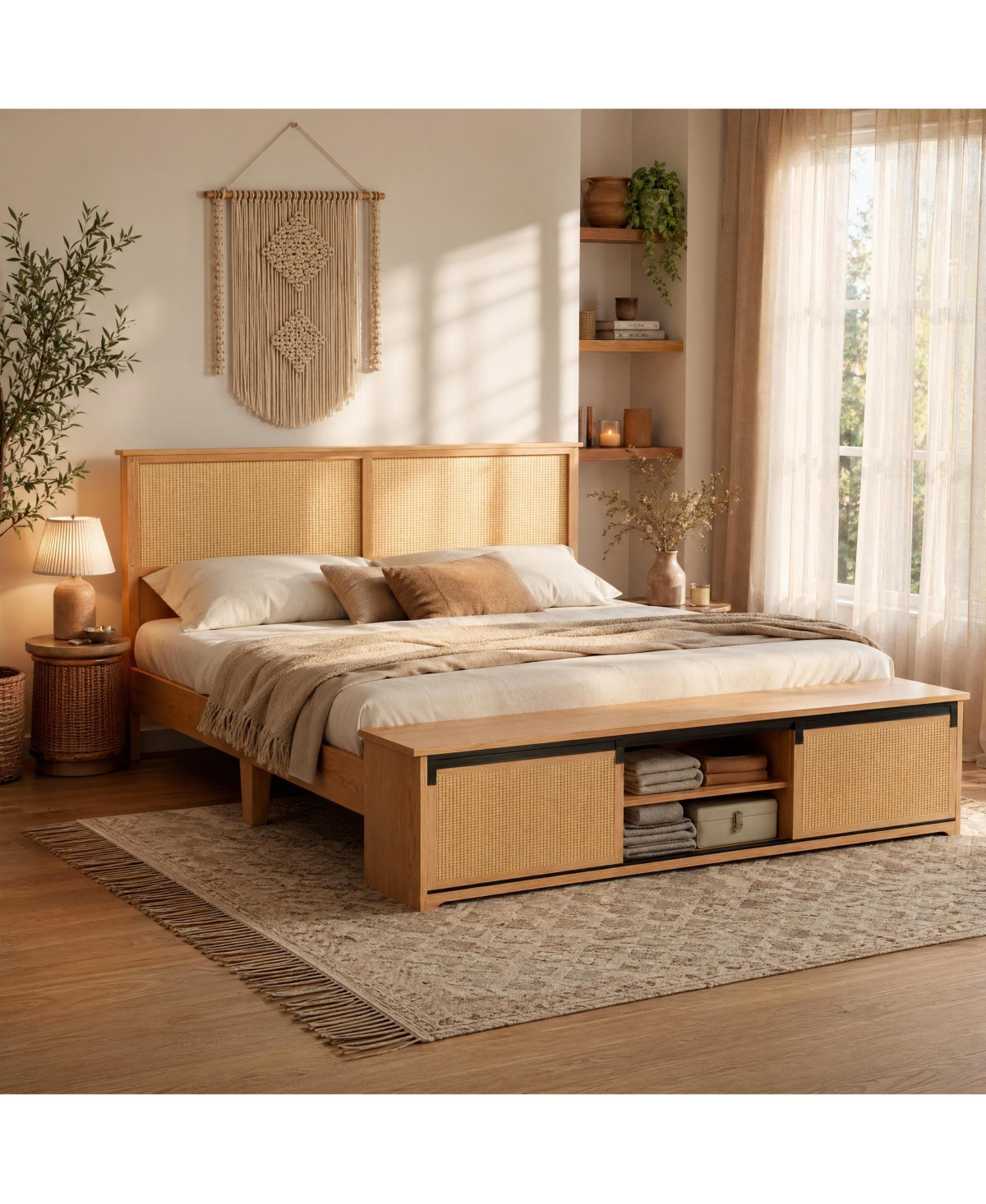 Click here for homfan Rattan Headboard Platform Bed with Bedside... prices