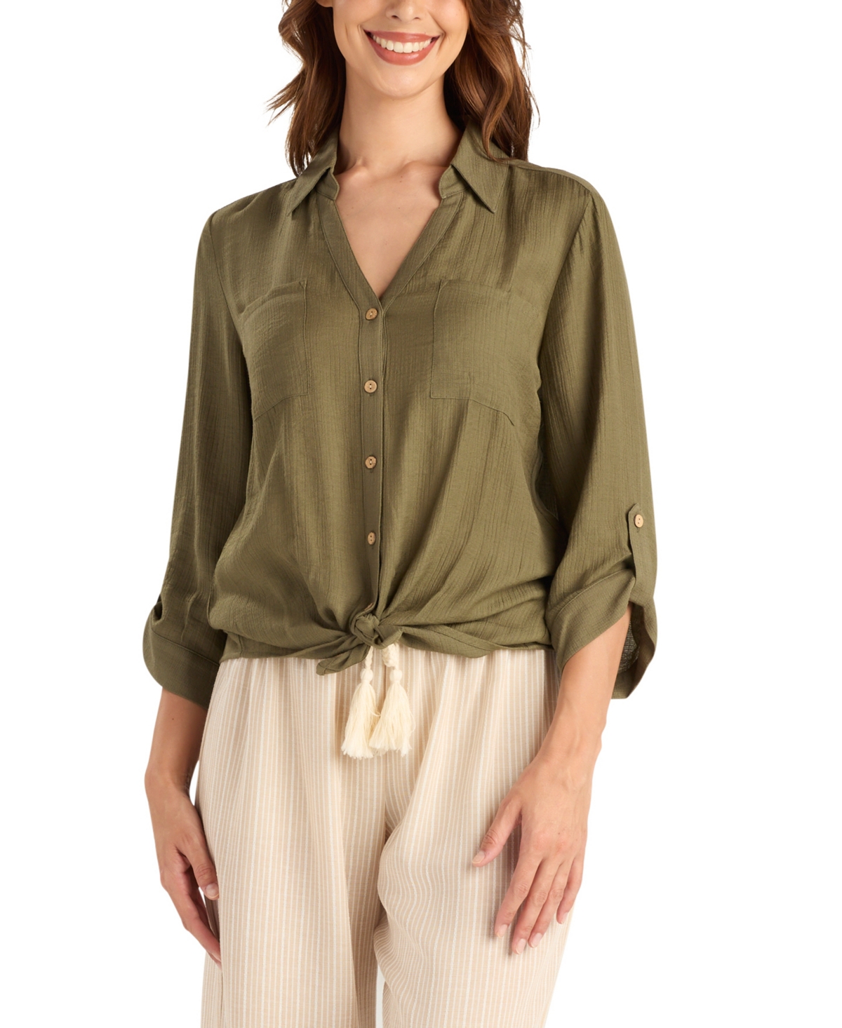 Click here for Bcx Womens Texture Gauze Collared Button-Front Top... prices