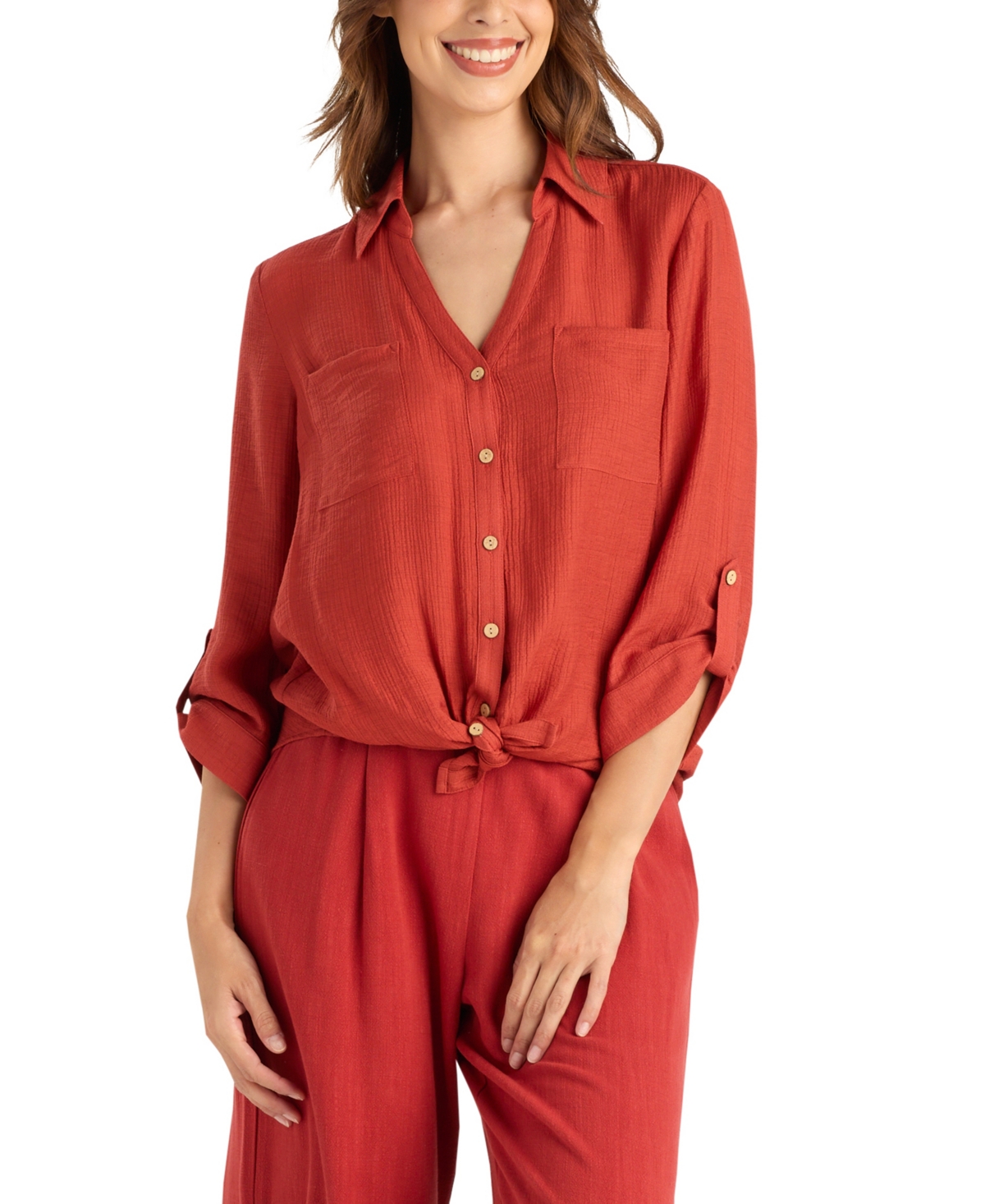Click here for Bcx Womens Texture Gauze Collared Button-Front Top... prices