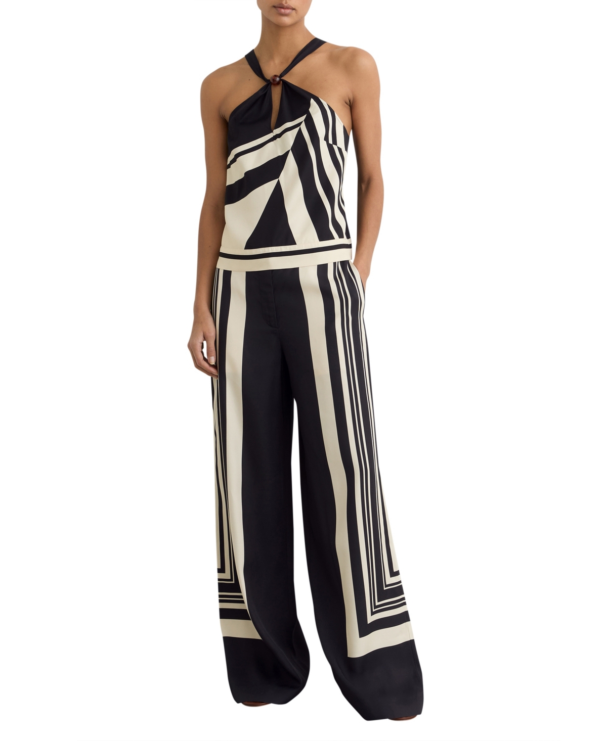 Click here for Reiss Womens Wide-Leg Scarf-Print Trousers - Black... prices