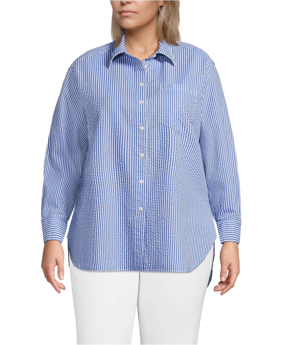 Click here for Lands End Plus Size Oversized Seersucker Shirt - C... prices