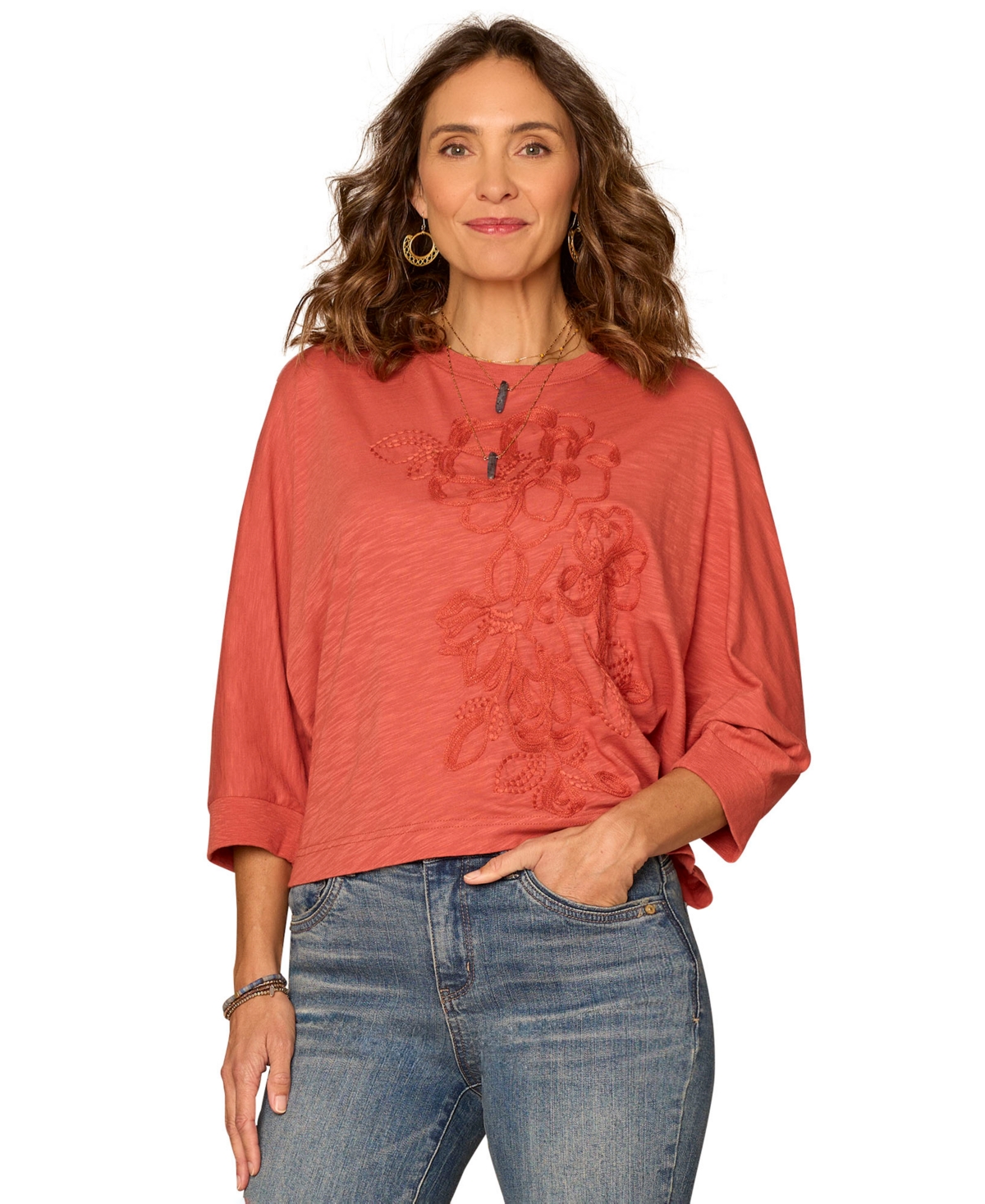 Click here for Democracy Petite Scoop Neck Embroidered Knit Top -... prices