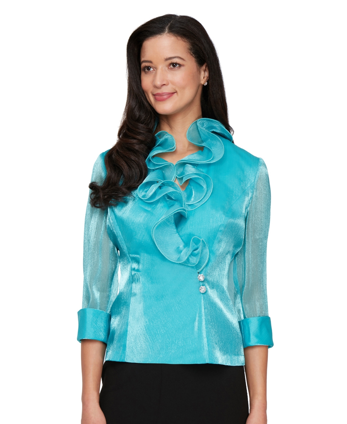 Click here for Alex Evenings Womens Ruffle Neck Chiffon Top - Tur... prices
