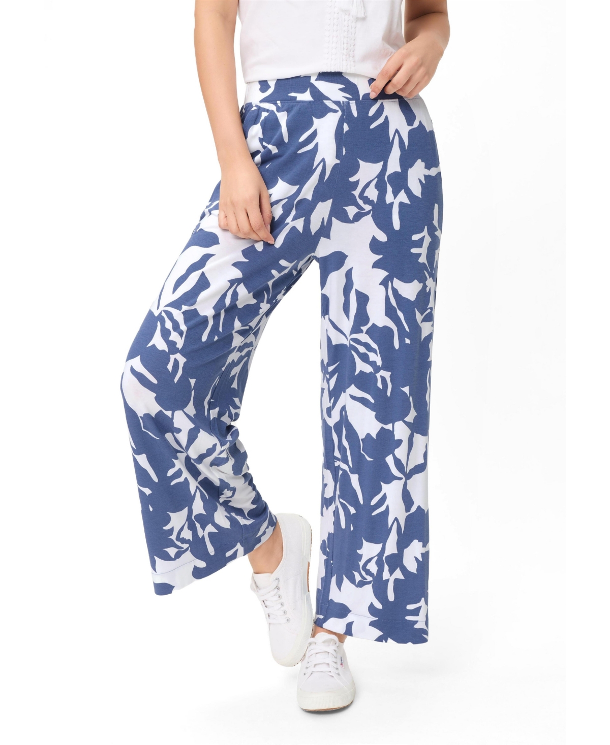 Click here for Olsen Abstract Floral Jersey Cropped Pant - Indigo prices