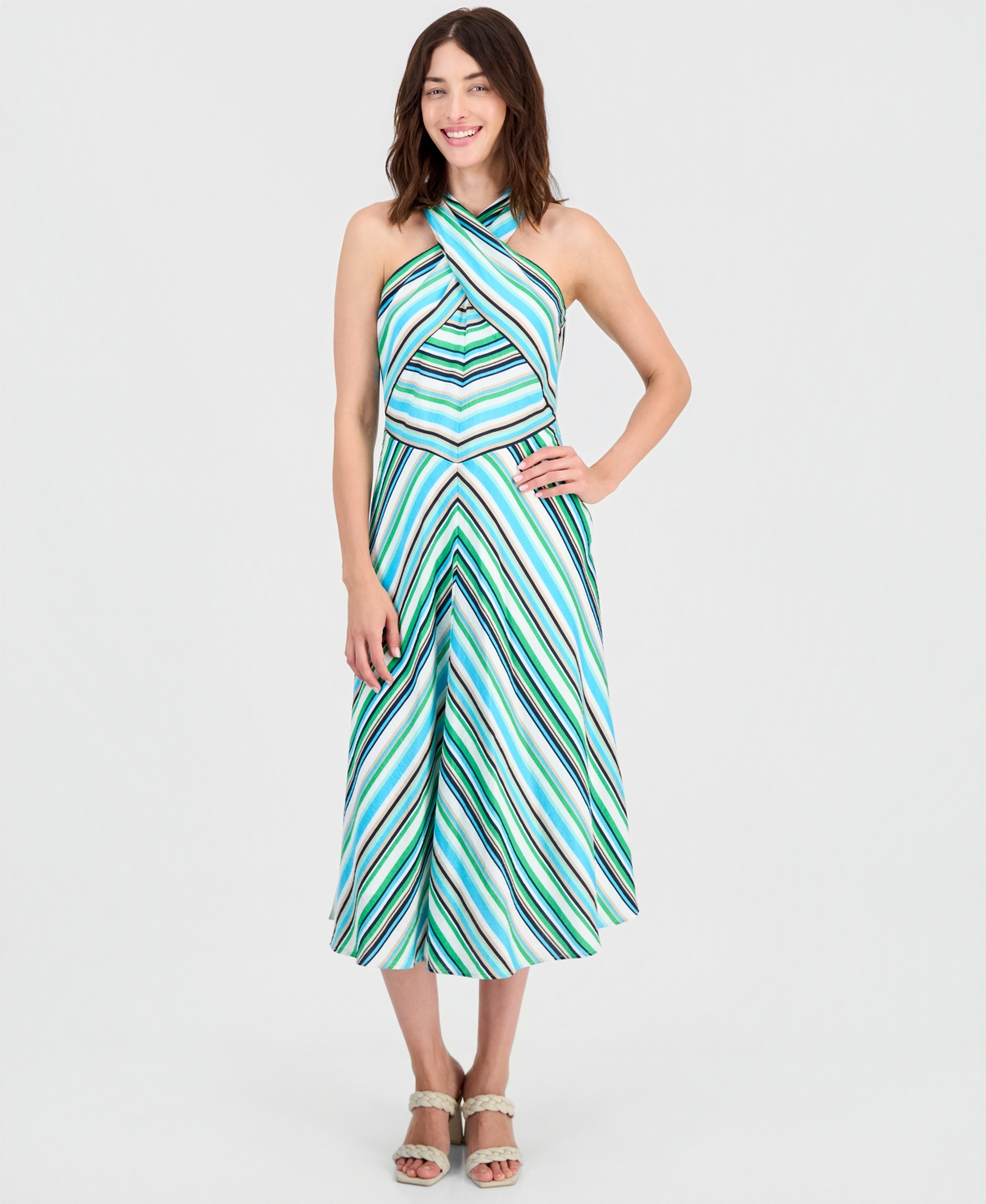Click here for Tahari Asl Womens Striped Crisscross Halter Midi D... prices