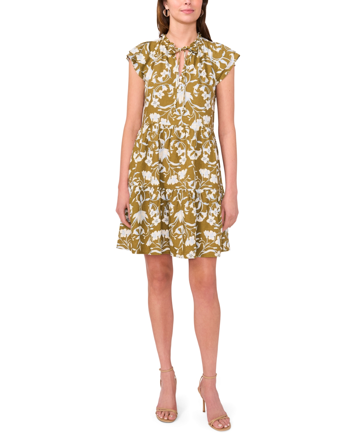 Click here for Msk Petite Split Tie Neck Flutter-Sleeve Printed D... prices