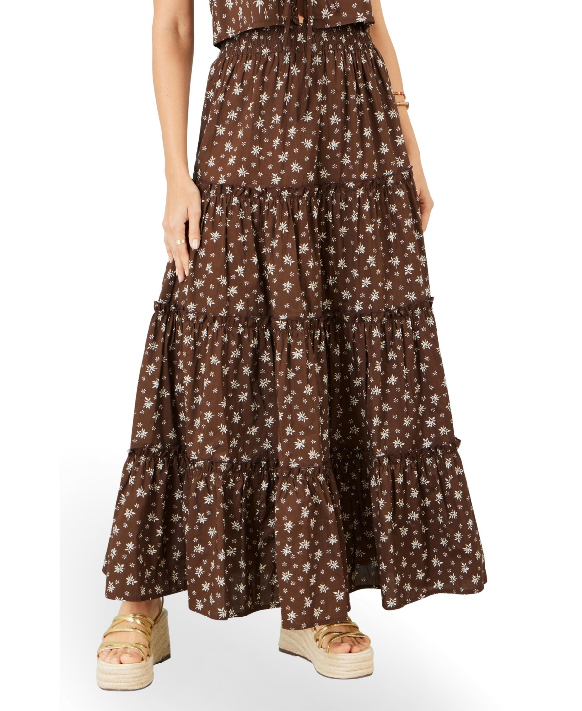 Click here for Yumi Womens Daisy Print Maxi Skirt - Brown prices
