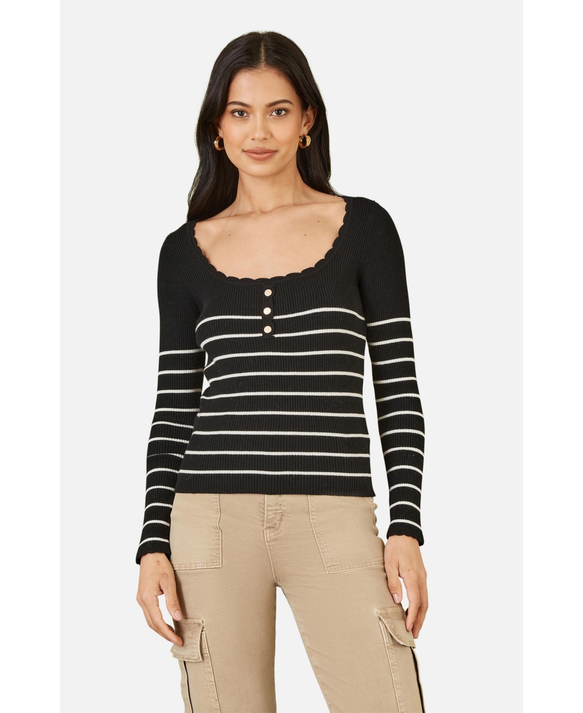 Click here for Yumi Womens Button Detail Long Sleeve Rib Knit Top... prices