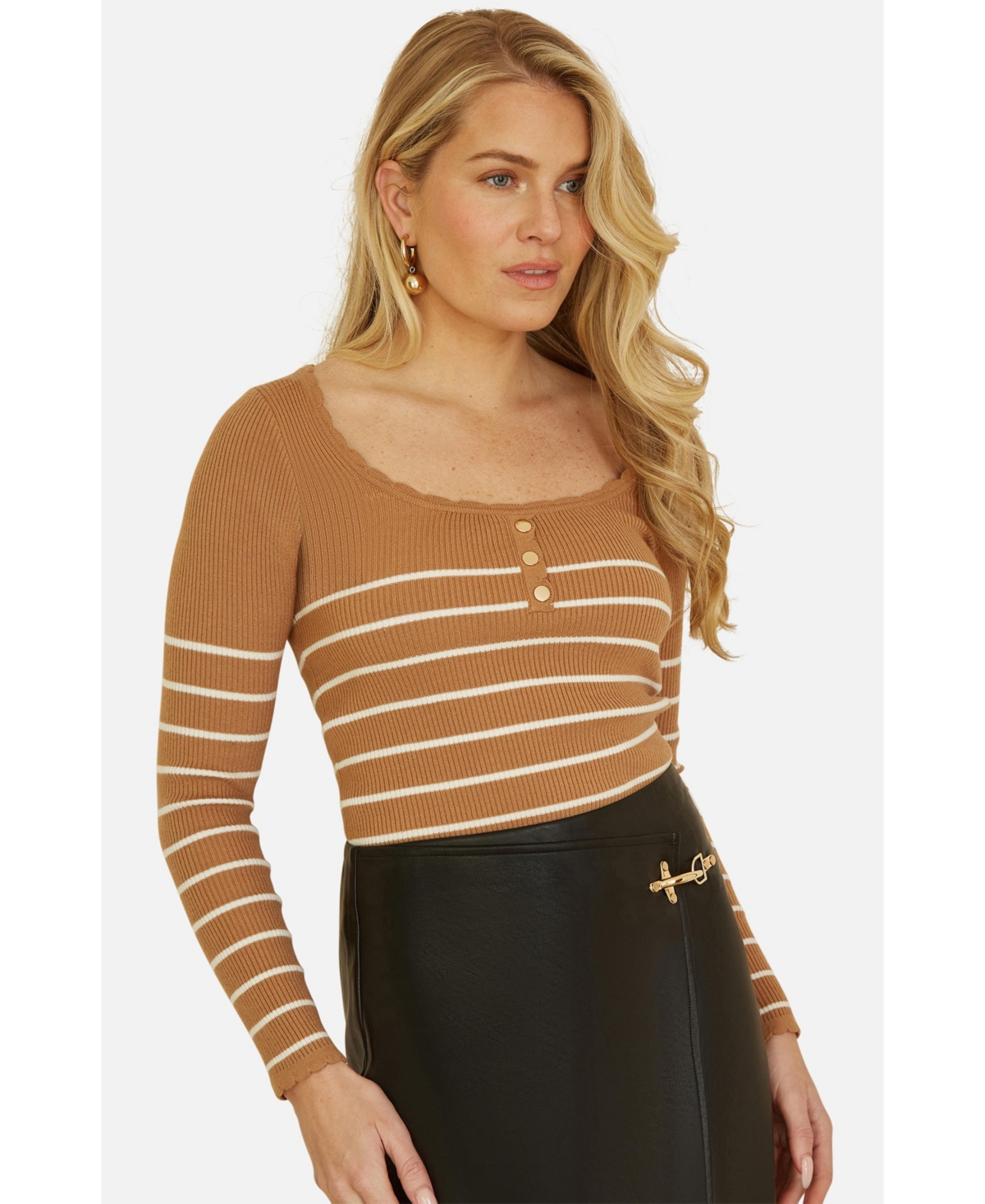 Click here for Yumi Womens Button Detail Long Sleeve Rib Knit Top... prices