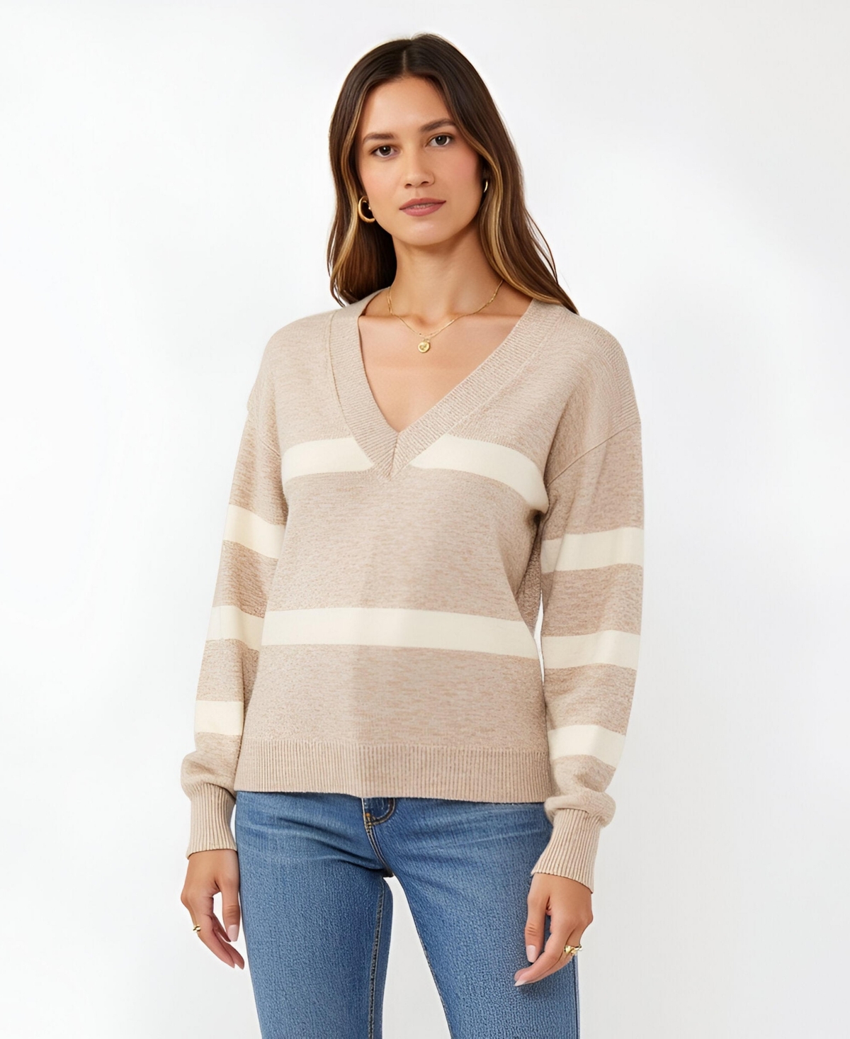 Click here for Modenaire Womens Striped V-Neck Drop-Shoulder Swea... prices