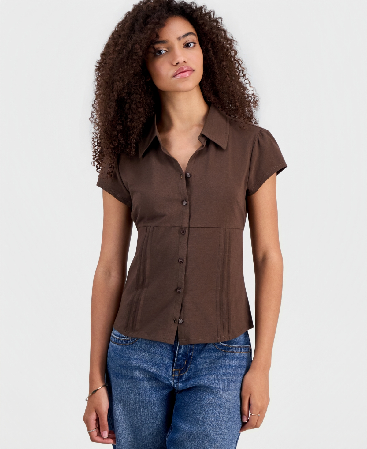 Click here for Madden Girl Juniors Pleat Detail Button-Front Top... prices