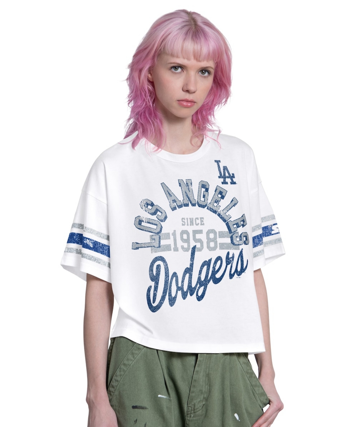 Click here for Starter Womens White Los Angeles Dodgers Cropped H... prices
