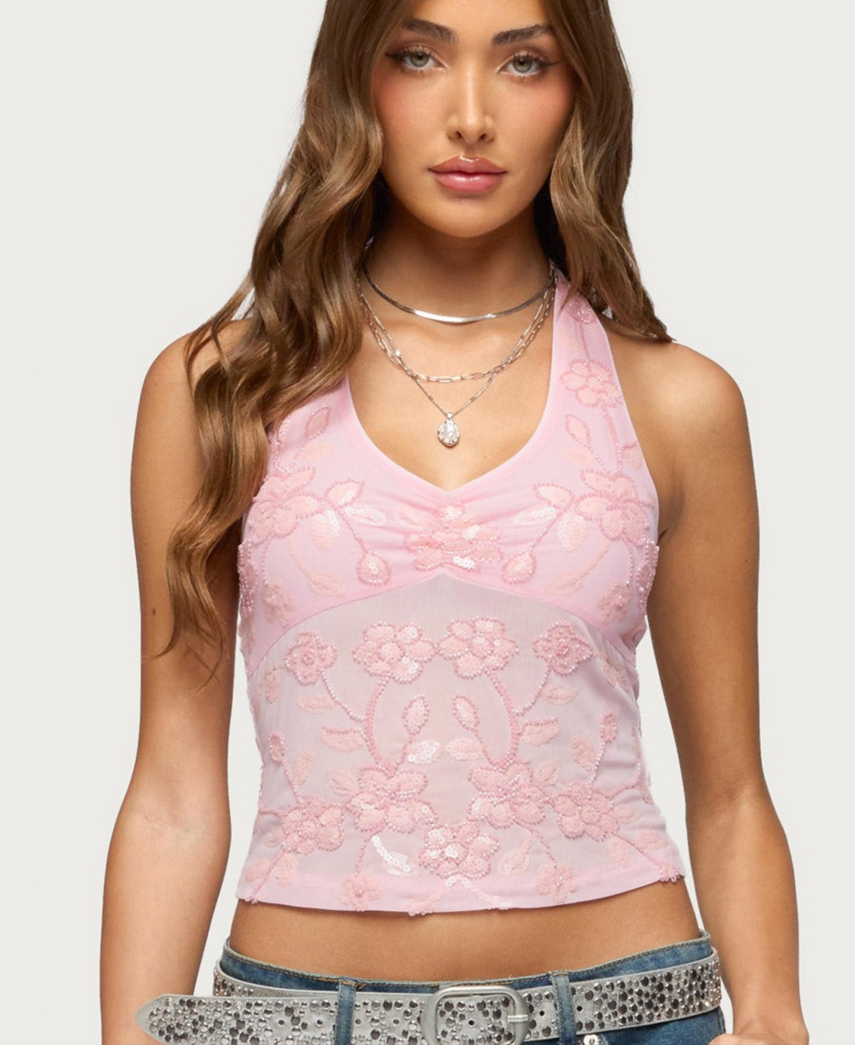 Click here for Edikted Womens Bead Sequin Sheer Mesh Halter Top -... prices