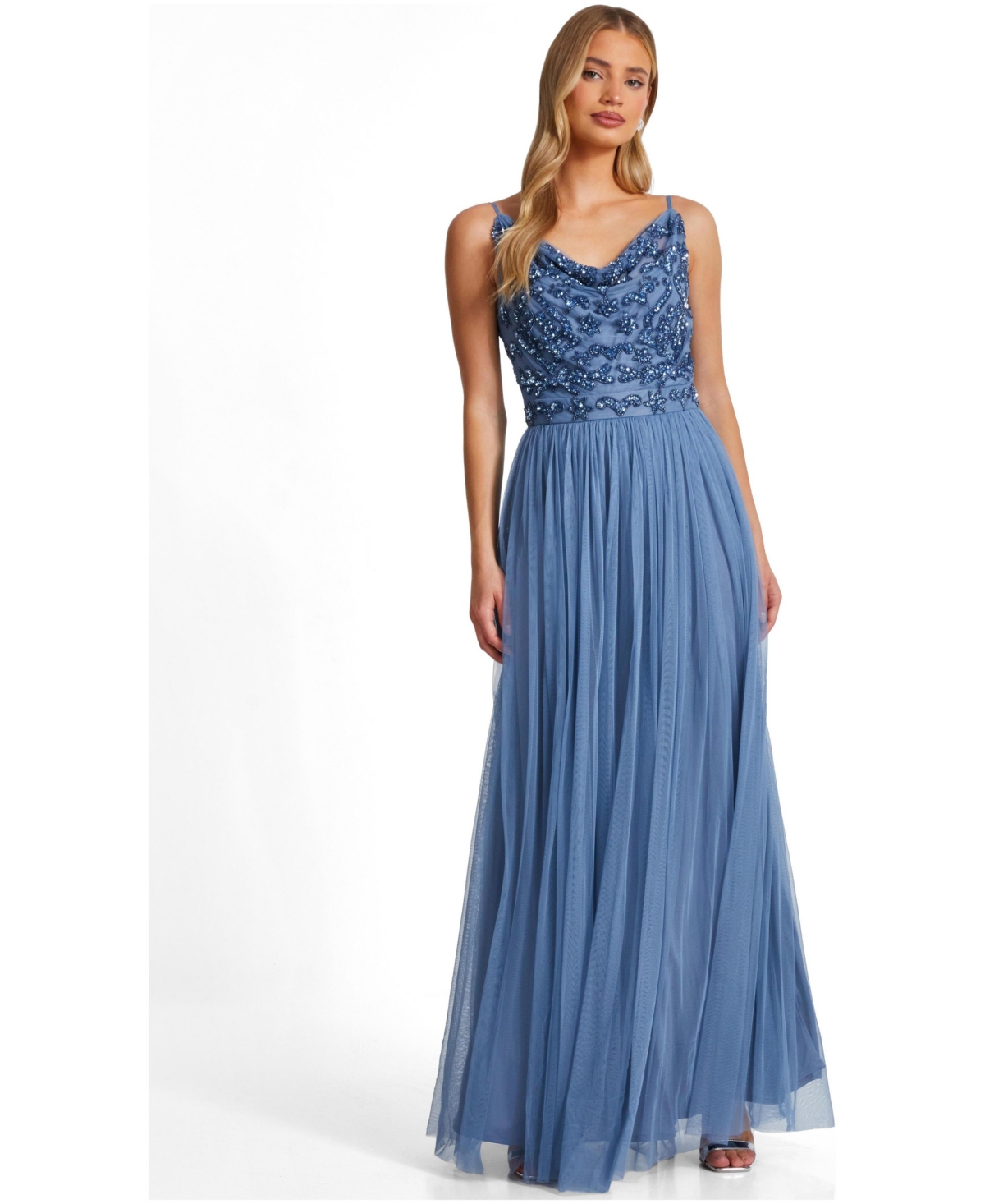 Click here for Quiz Womens Mesh Cowl Neck Beaded Maxi Dress - Blu... prices