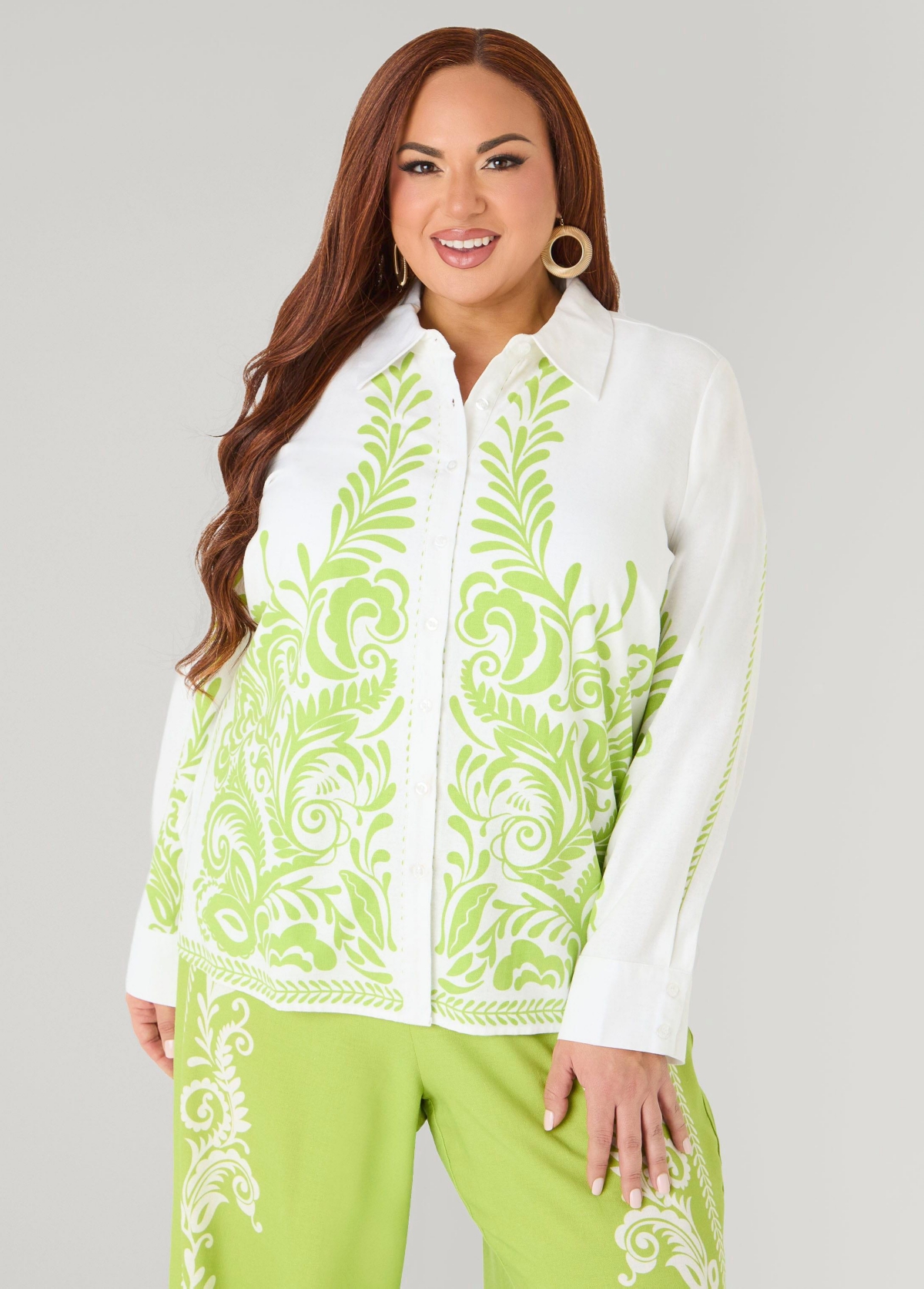 Click here for Ashley Stewart Womens Leaf Print Linen Blend Shirt prices