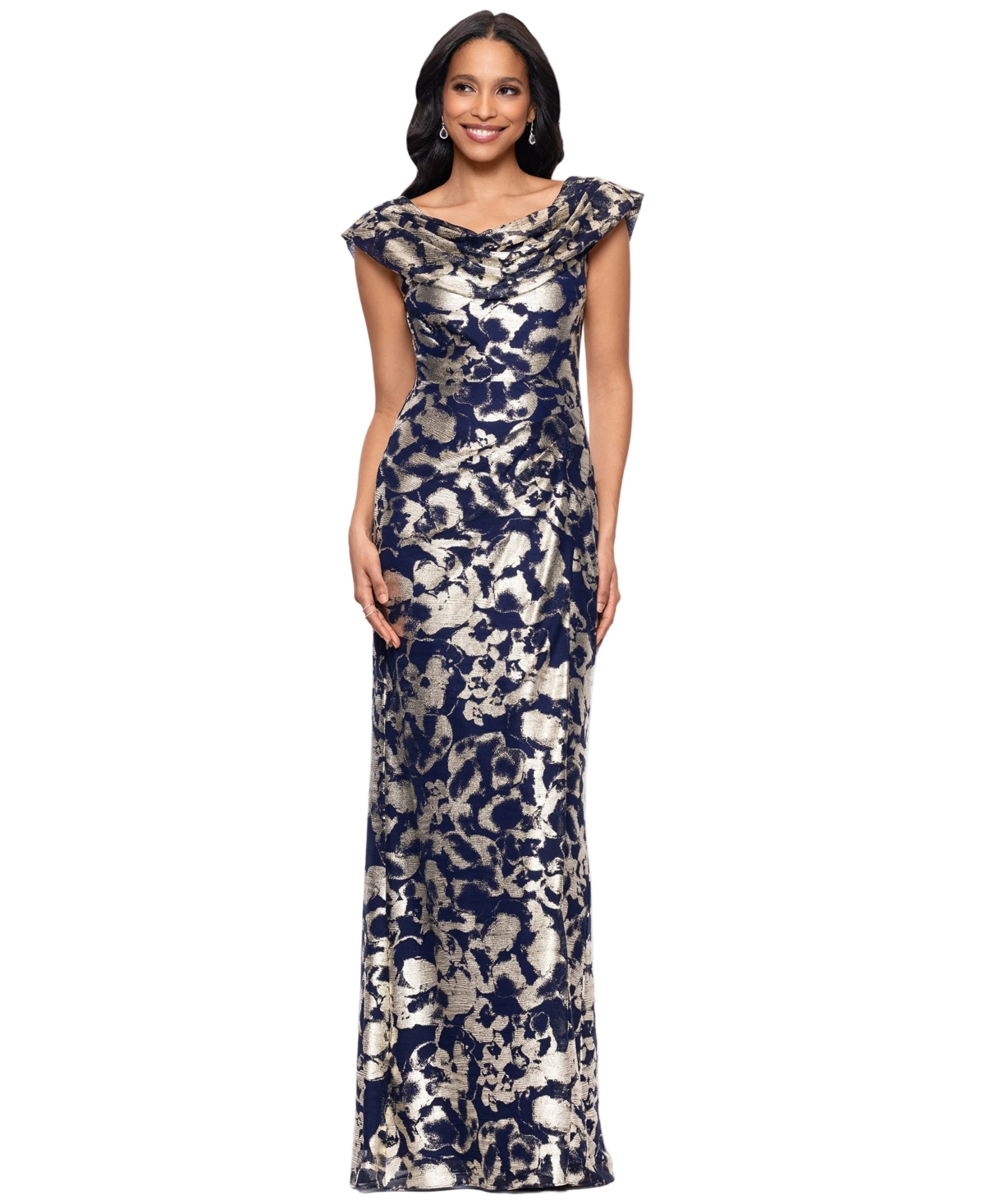 Click here for Betsy & Adam Petite Draped Neck Ball Gown - Navy G... prices