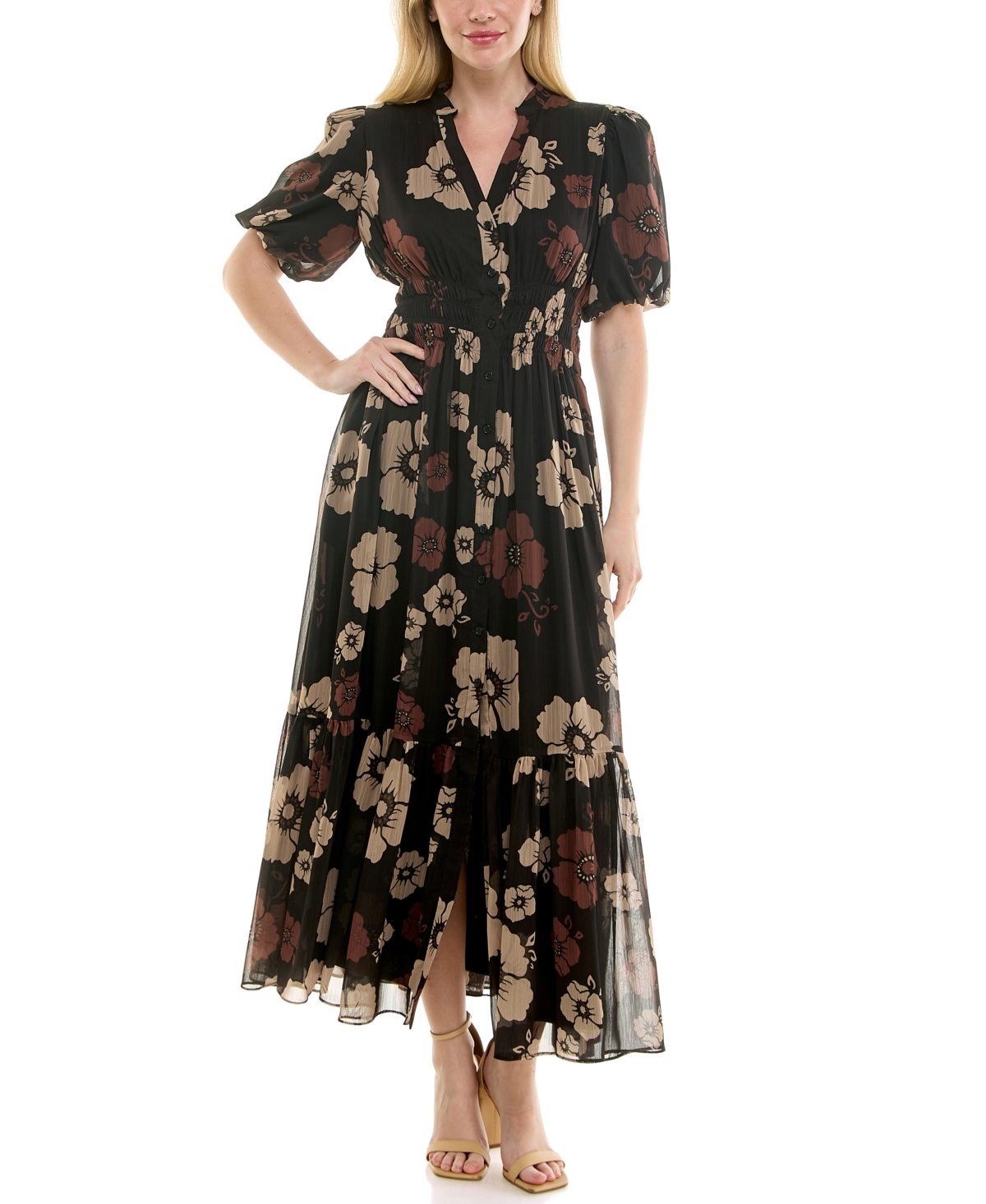 Click here for Taylor Womens Floral Print Puff-Sleeve Collared Po... prices