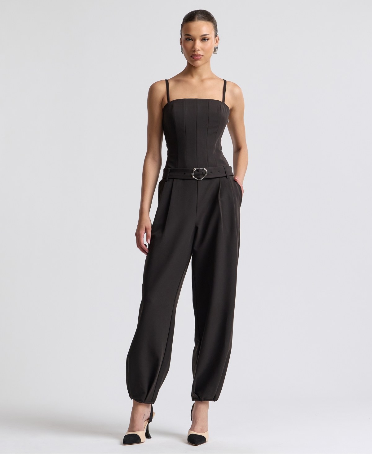 Click here for Avec Les Filles Womens Square Neck Belted Jumpsuit... prices