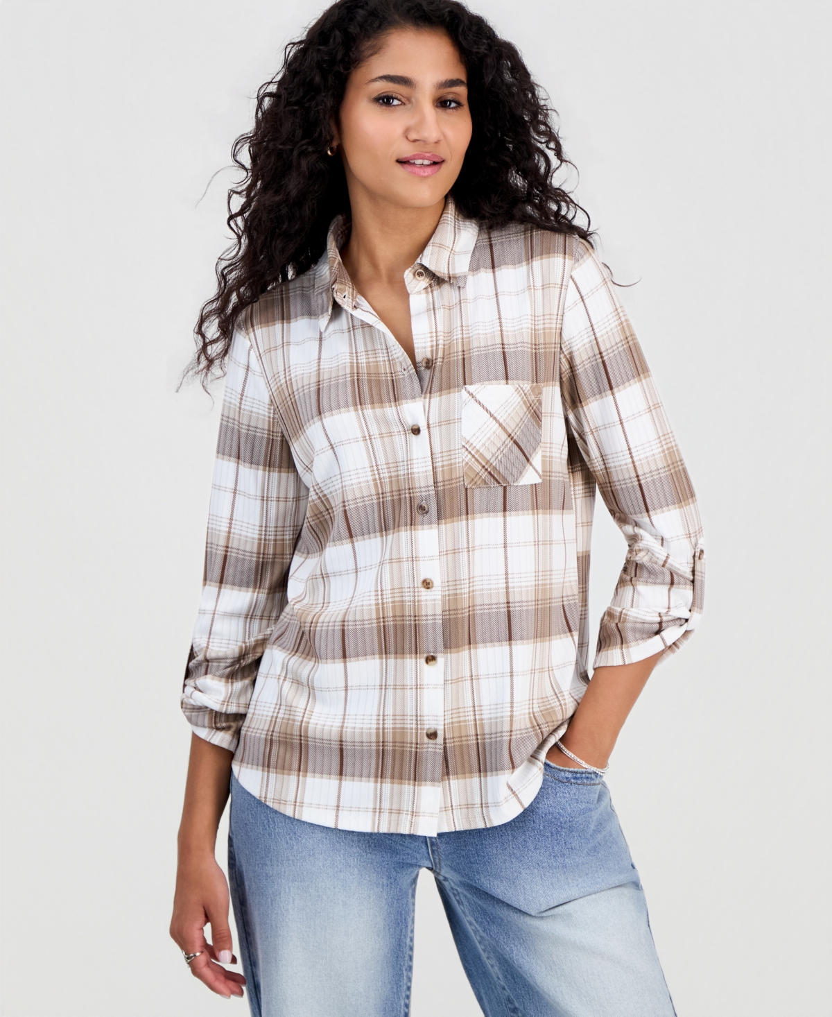 Click here for Just Polly Juniors Plaid Knit Shirt - Tan/brown prices