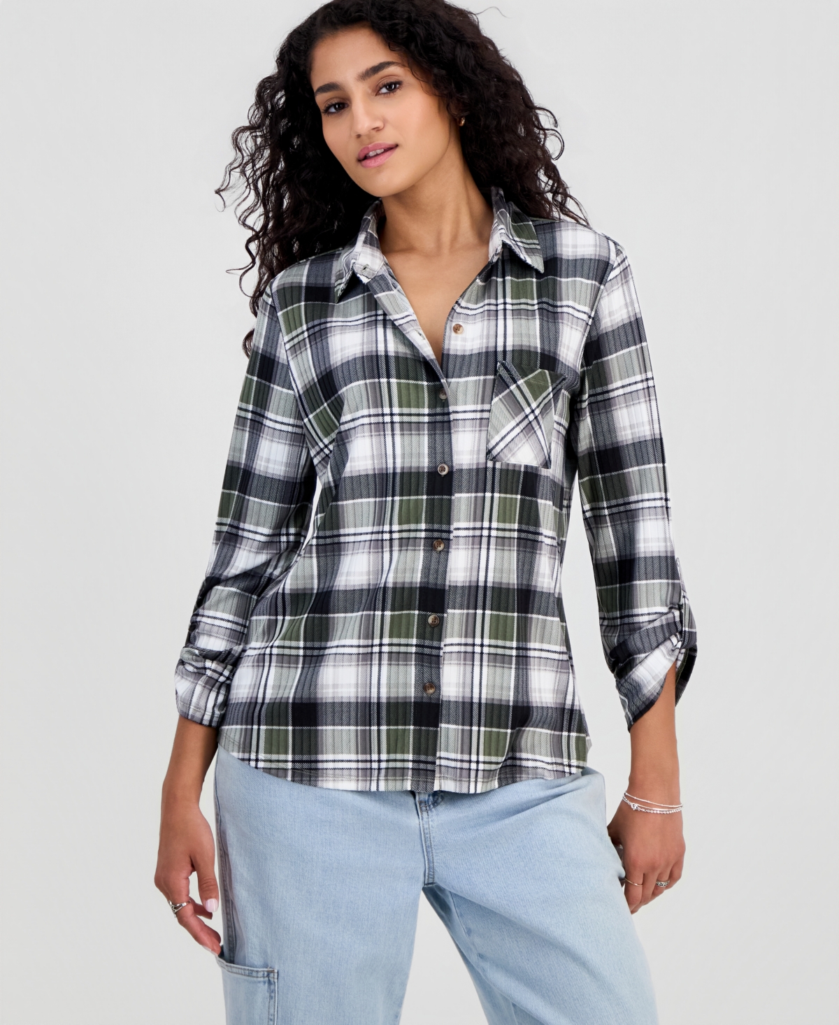 Click here for Just Polly Juniors Plaid Knit Shirt - Olivine prices