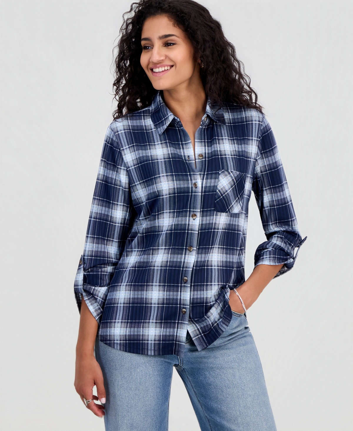 Click here for Just Polly Juniors Plaid Knit Shirt - Navy Blazer prices
