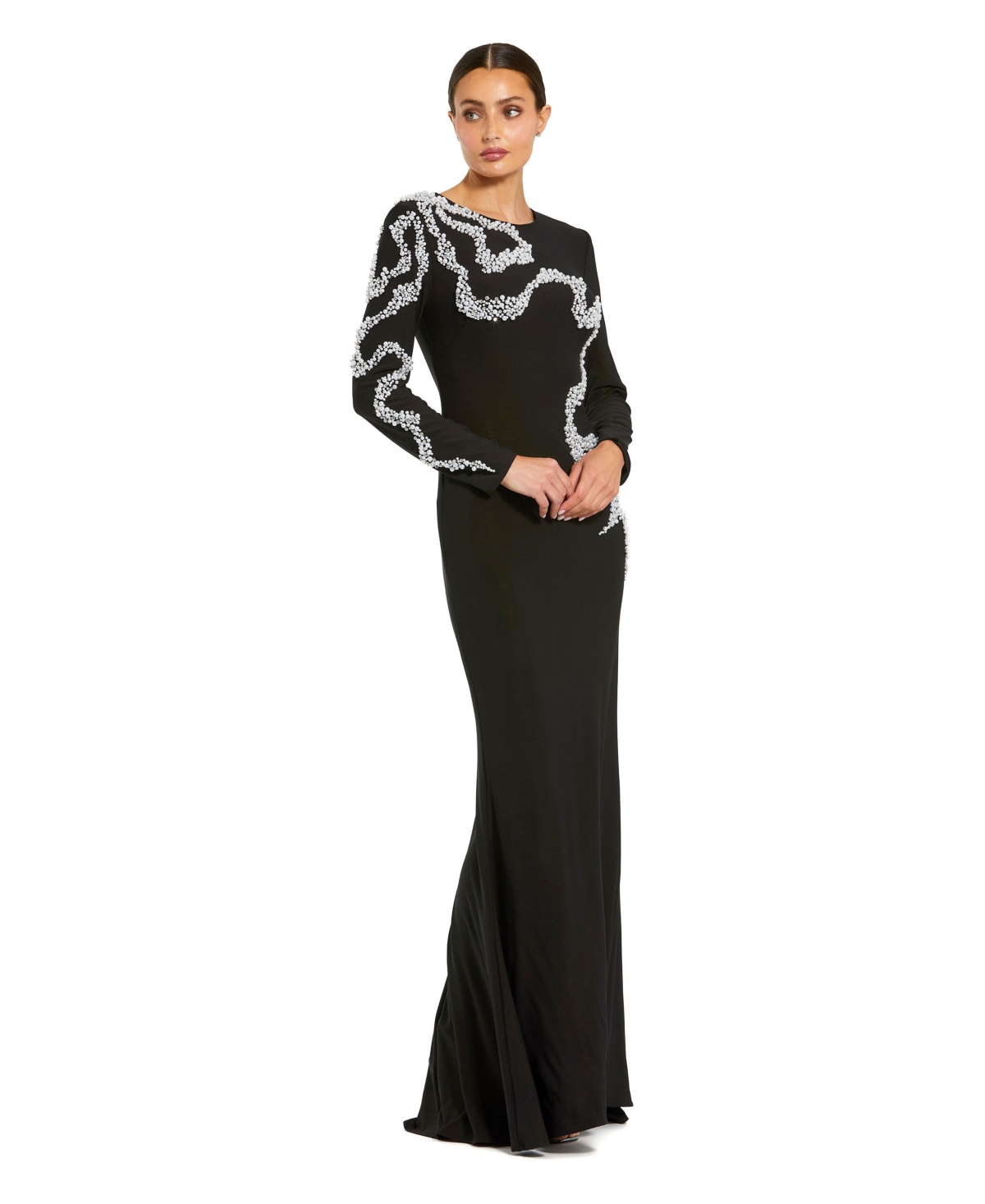 Click here for Mac Duggal Petite Jersey Long Sleeve Beaded Column... prices