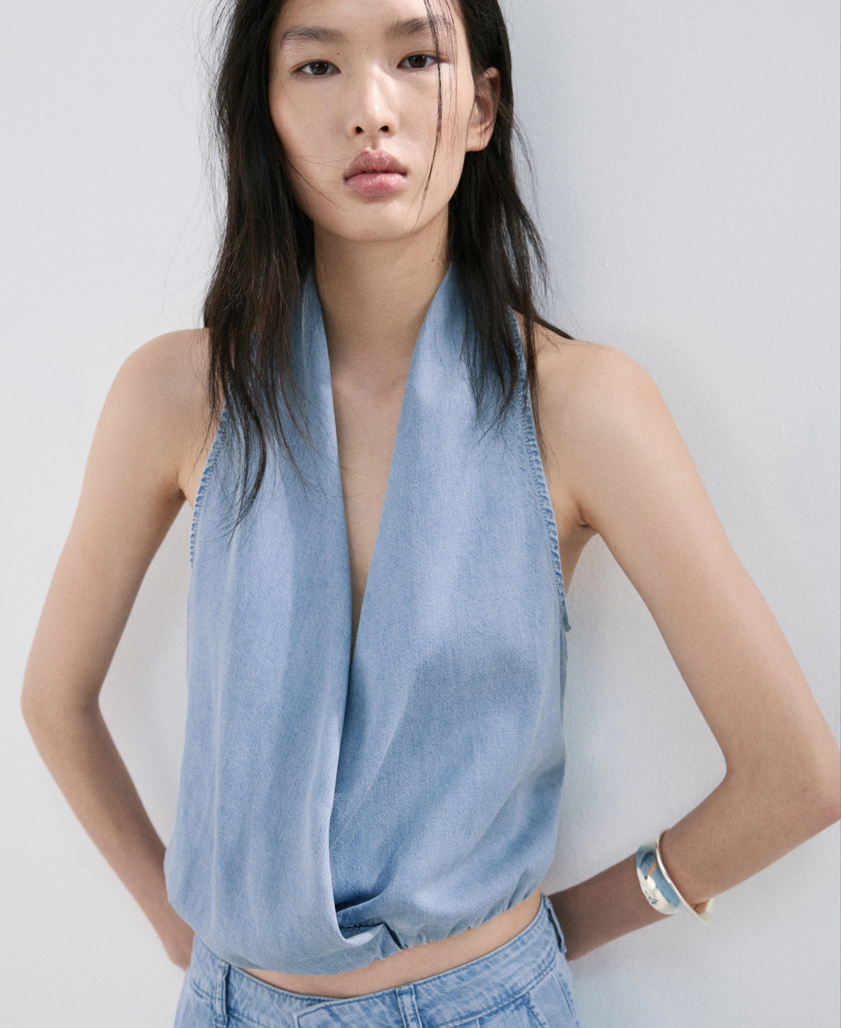 Click here for Mango Womens Draped Neck Lyocell Top - Light Blue prices