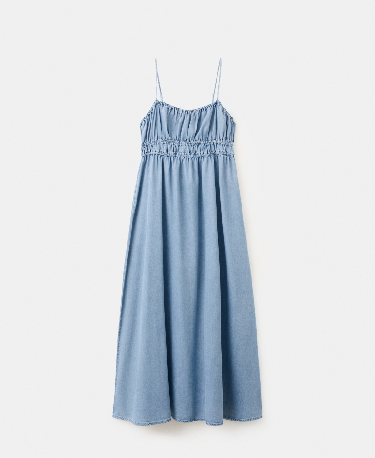 Click here for Mango Womens Lyocell Ruched Denim Dress - Light Bl... prices