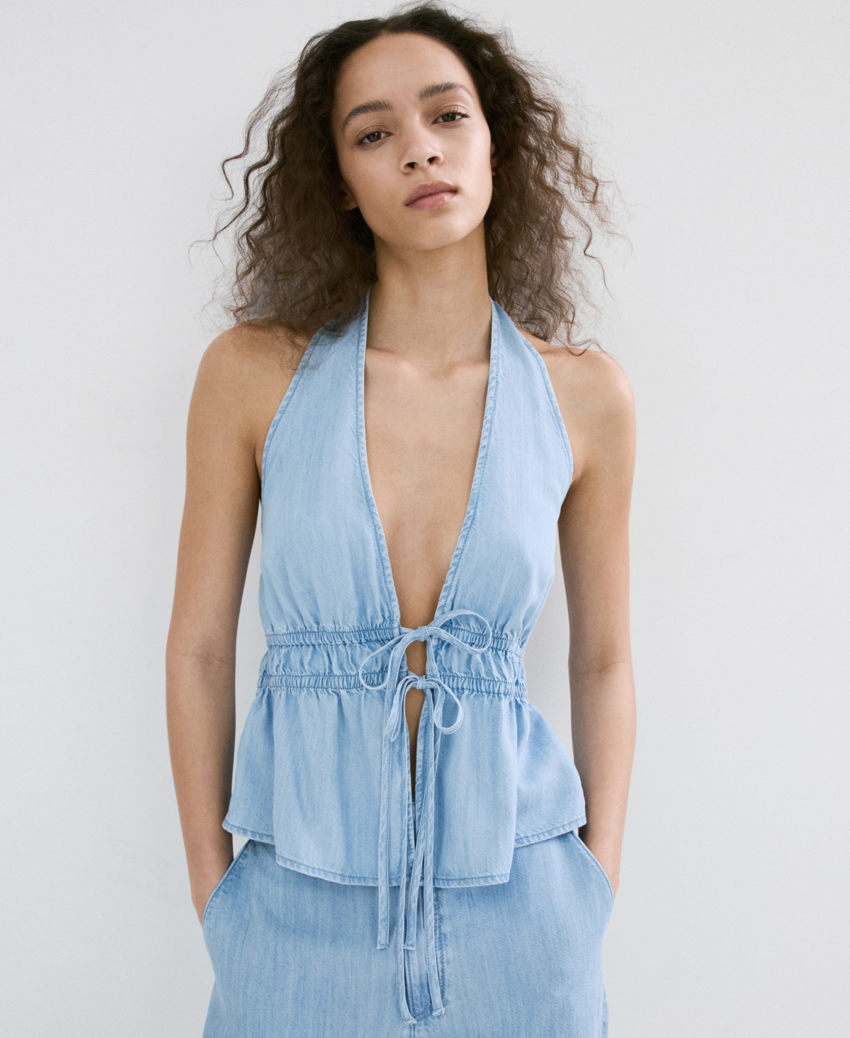 Click here for Mango Womens V-Neck Bow Denim Top - Light Blue prices