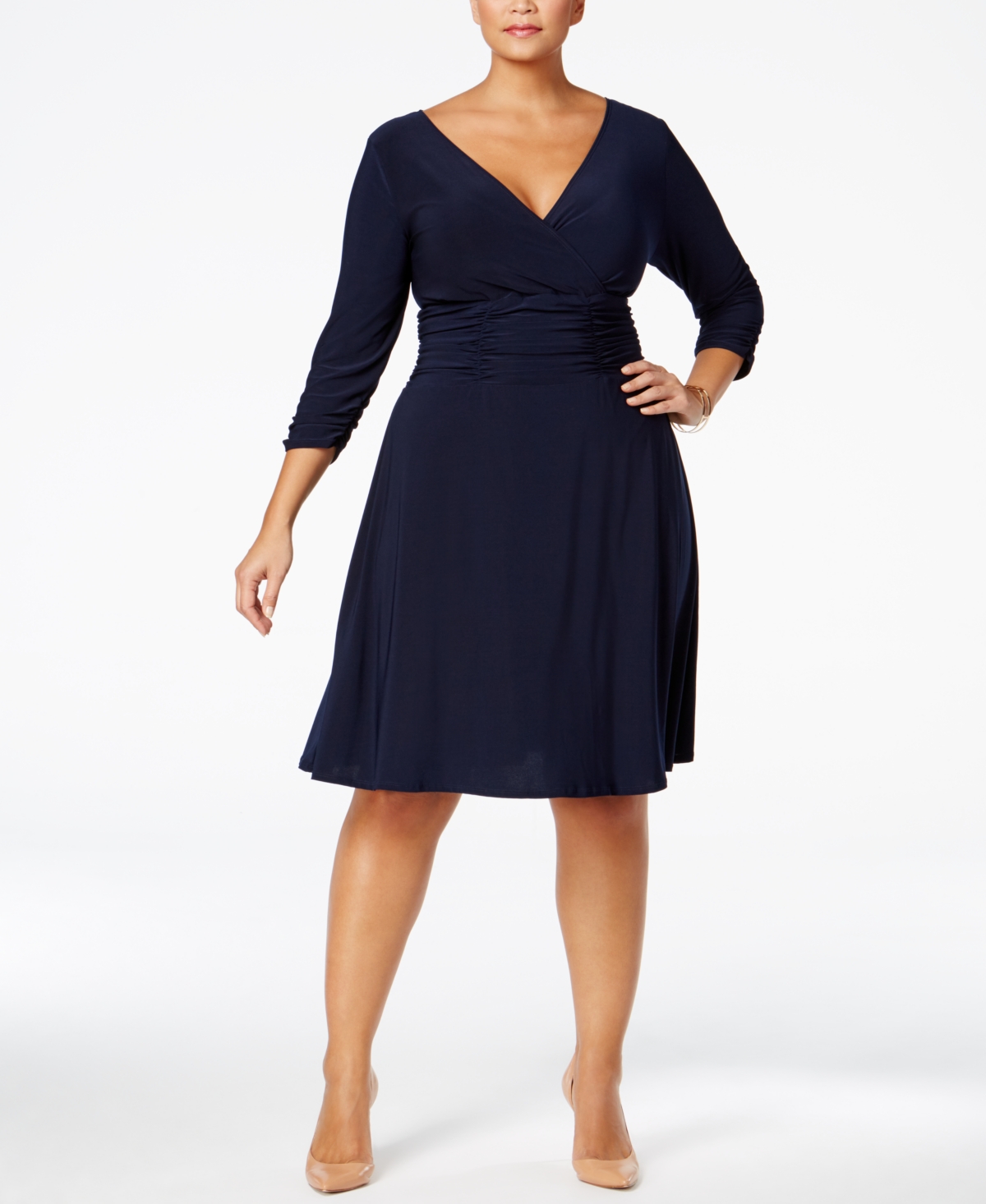 Click here for Ny Collection Plus Size Ruched A-Line Dress - Navy prices