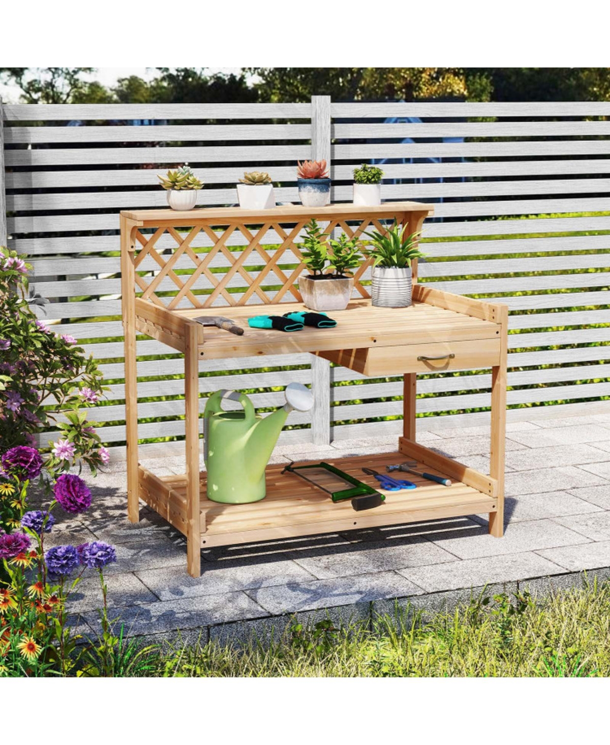 Click here for Gouun Wooden Garden Potting Bench with Lattice Tre... prices
