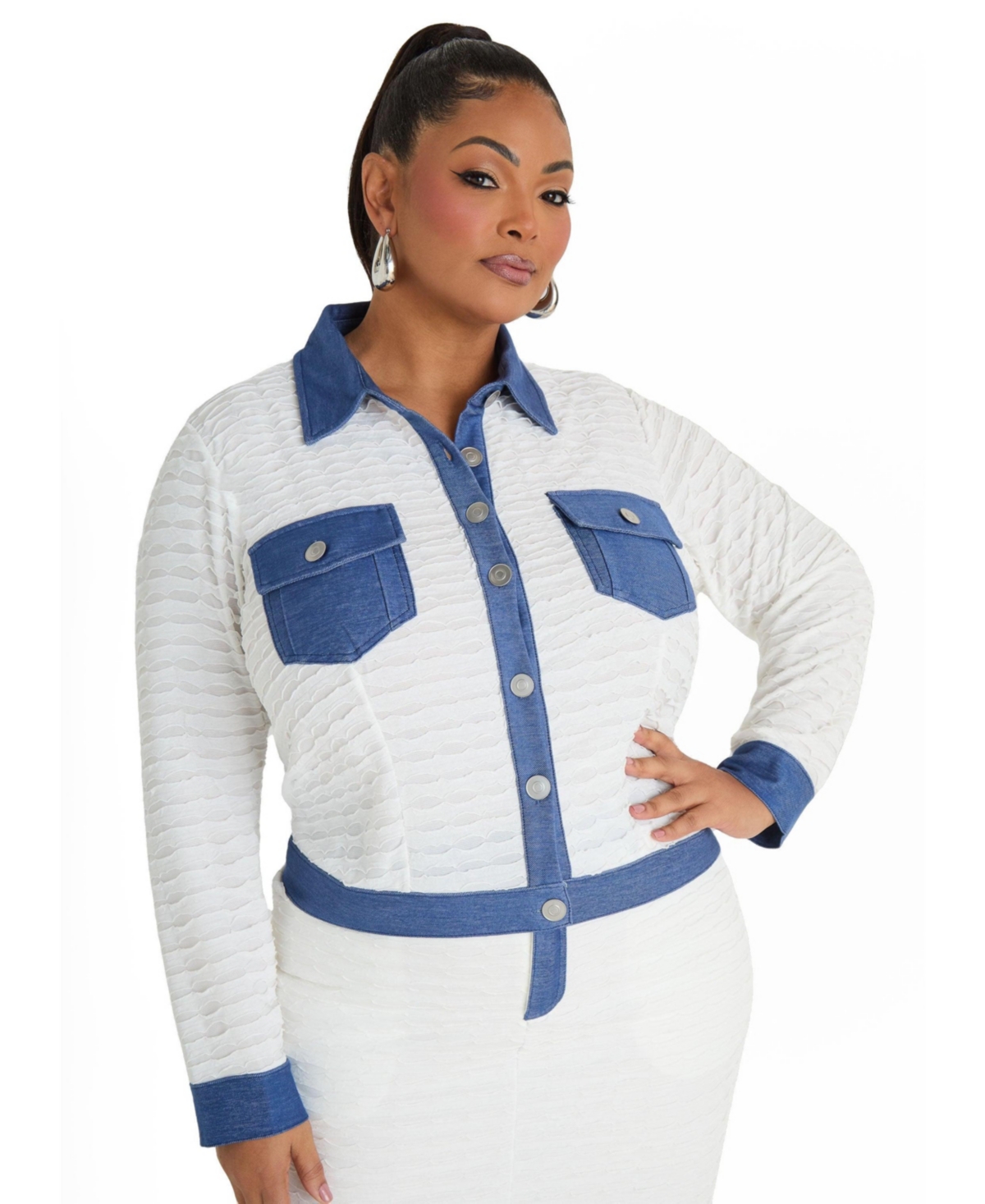 Click here for Ashley Stewart Plus Size Denim Paneled Textured Ja... prices