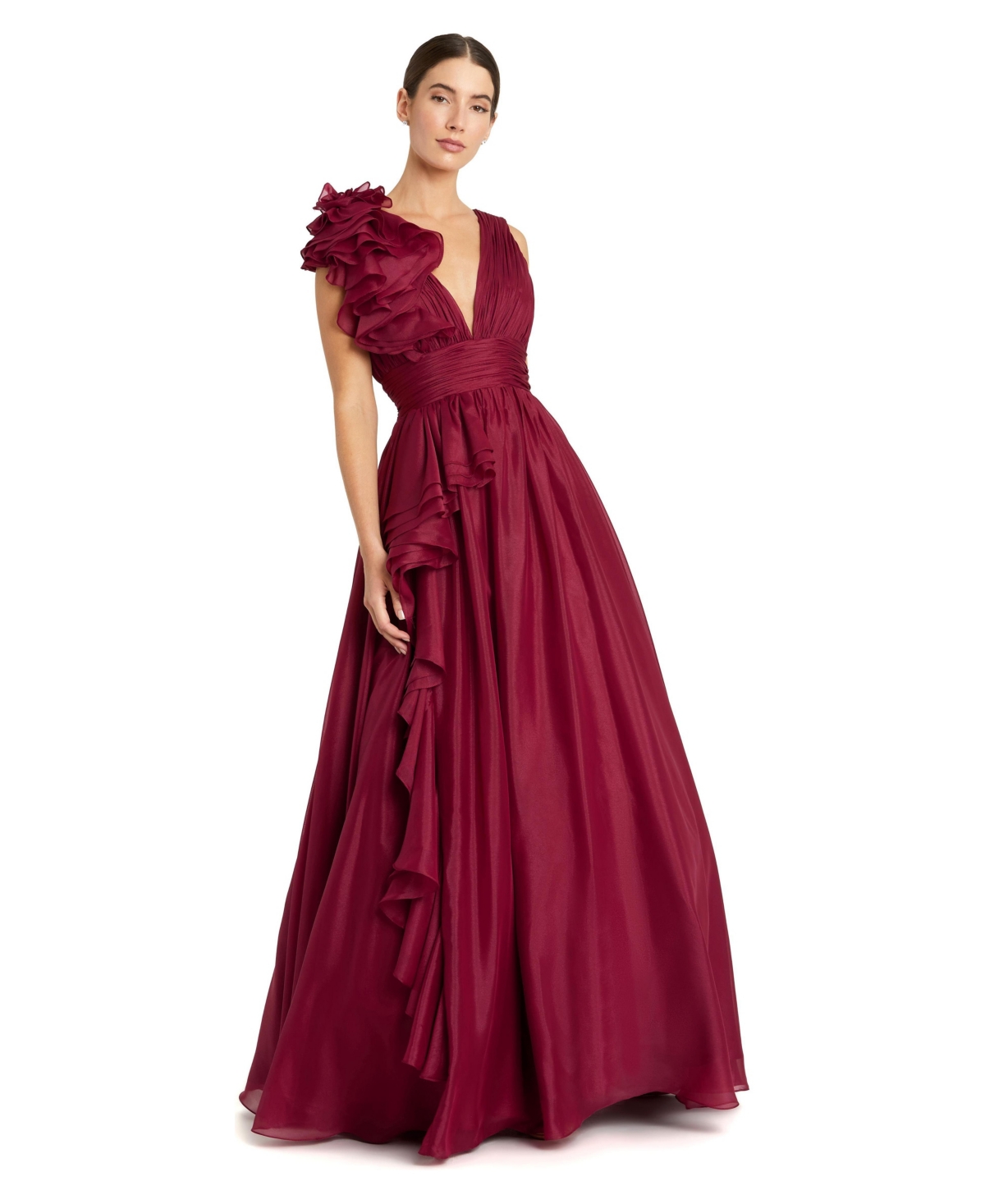 Click here for Mac Duggal Petite Ruffle Shoulder V-Neck A-Line Ev... prices