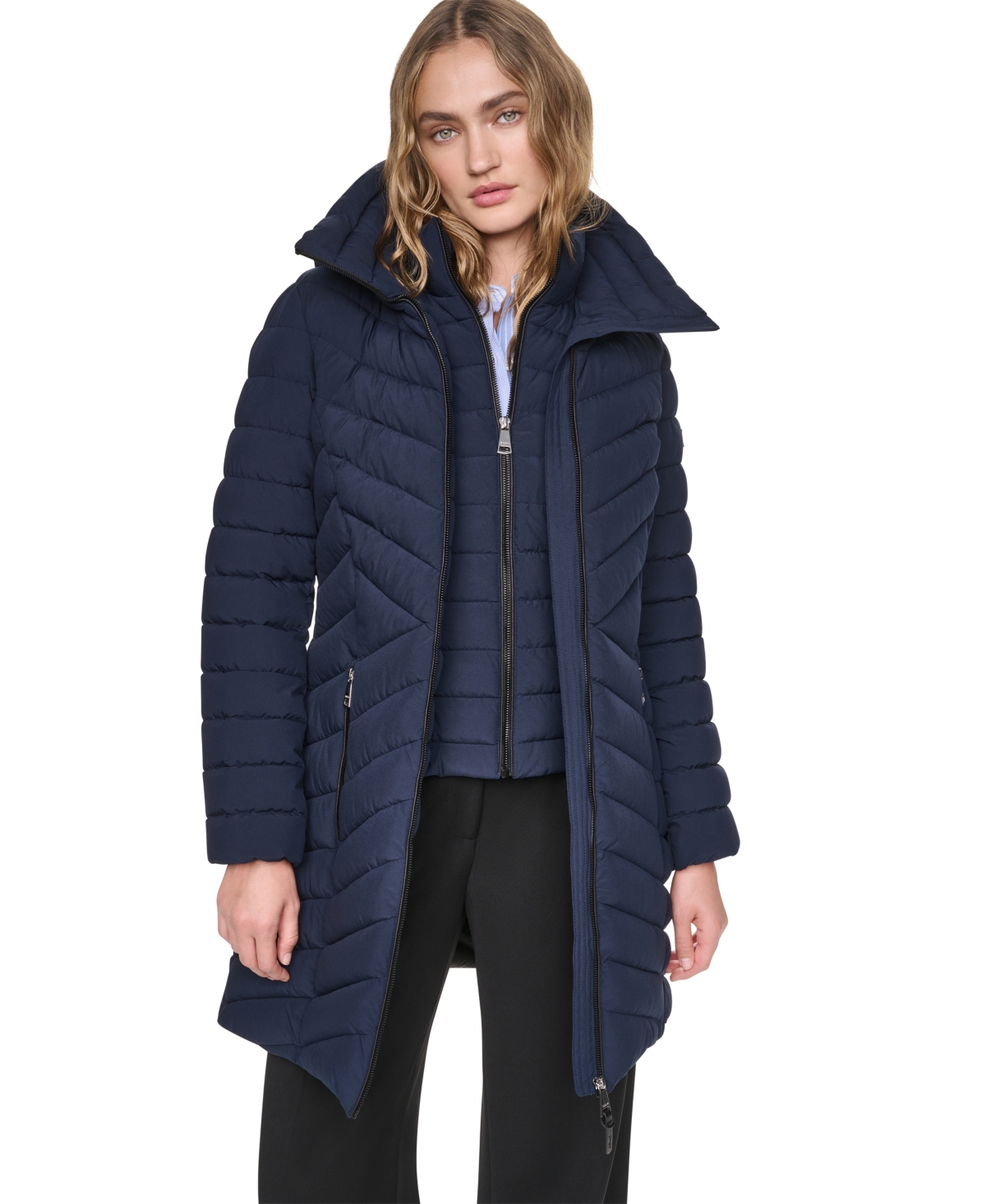 Click here for Dkny Womens Bibbed Packable Puffer Coat - Dark Nav... prices