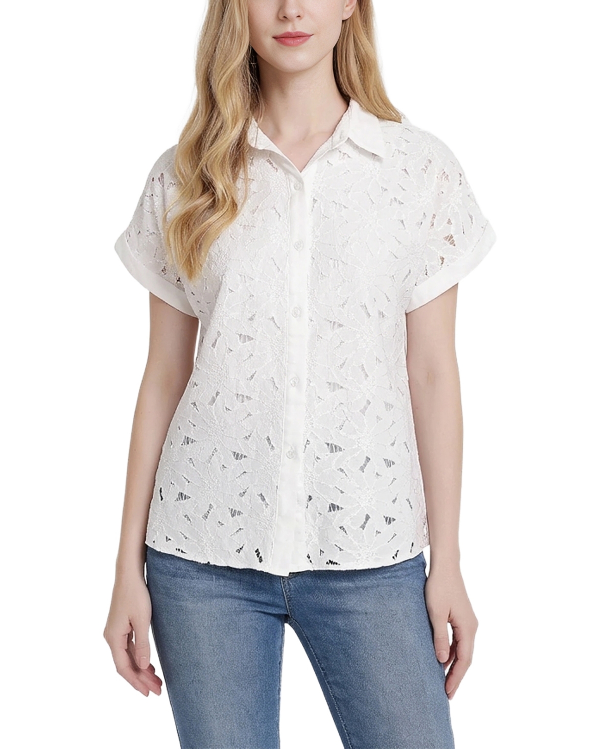 Click here for Ny Collection Petite Short-Sleeve Eyelet Top - Whi... prices