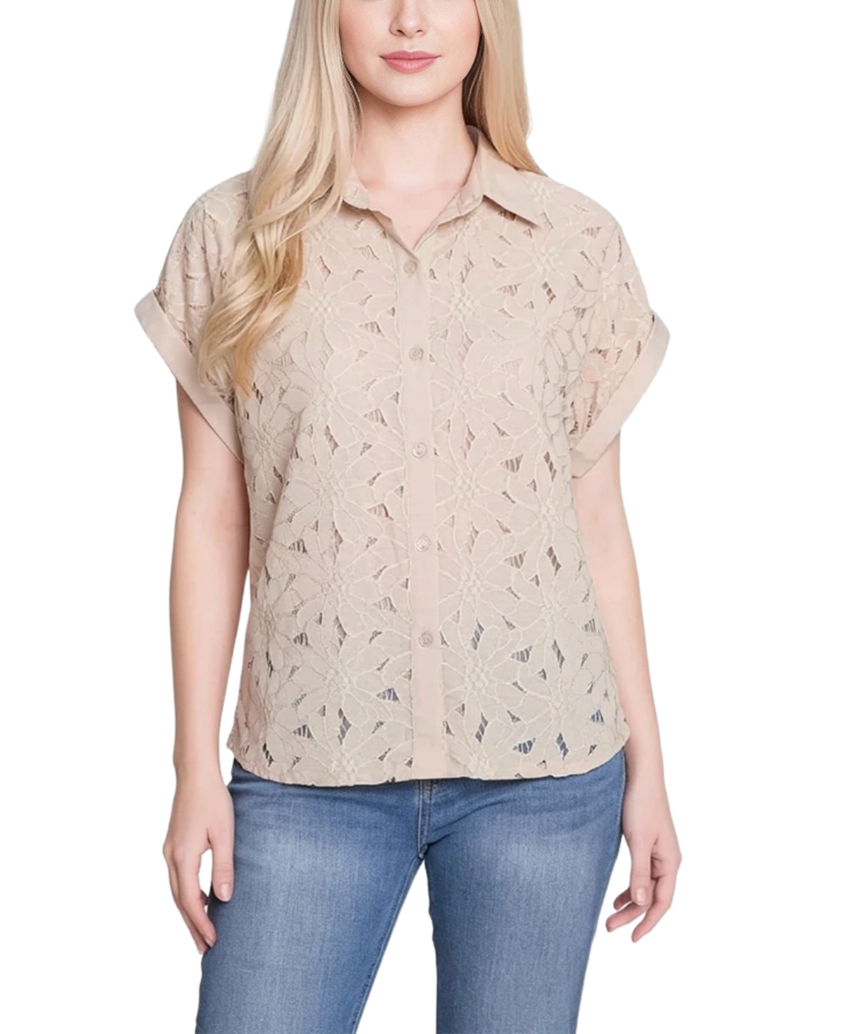 Click here for Ny Collection Petite Short-Sleeve Eyelet Top - Doe... prices